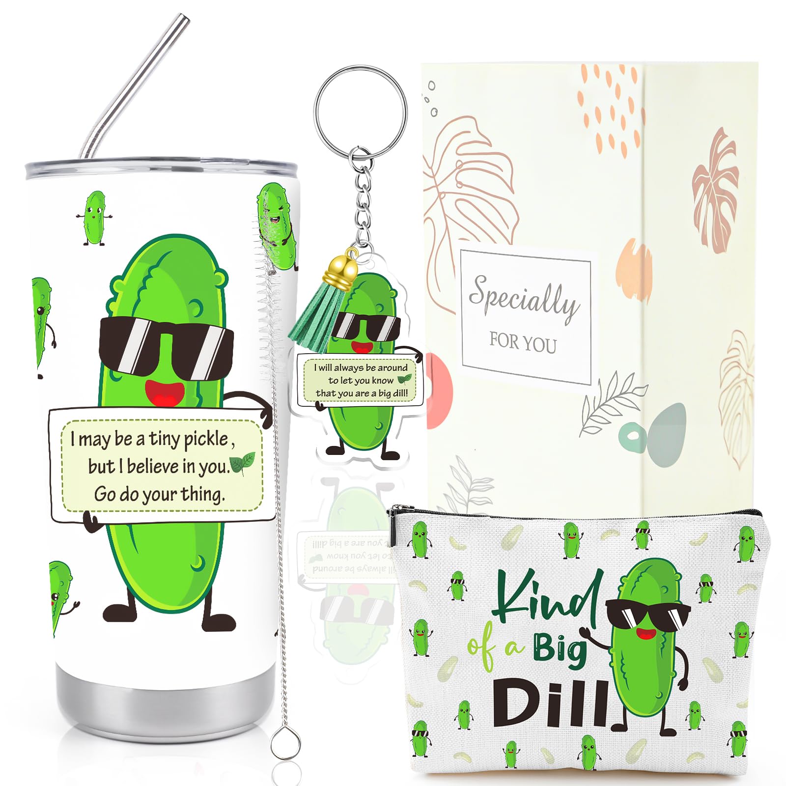 Keluna Pickle Gift for Pickle Lovers - 3Pcs Pickle Themed Gifts for Women, 20oz Funny Pickle Tumbler with Lid Straw Cucumber Makeup Bag Keychain for Women Girls Birthday Christmas Gifts Ideas