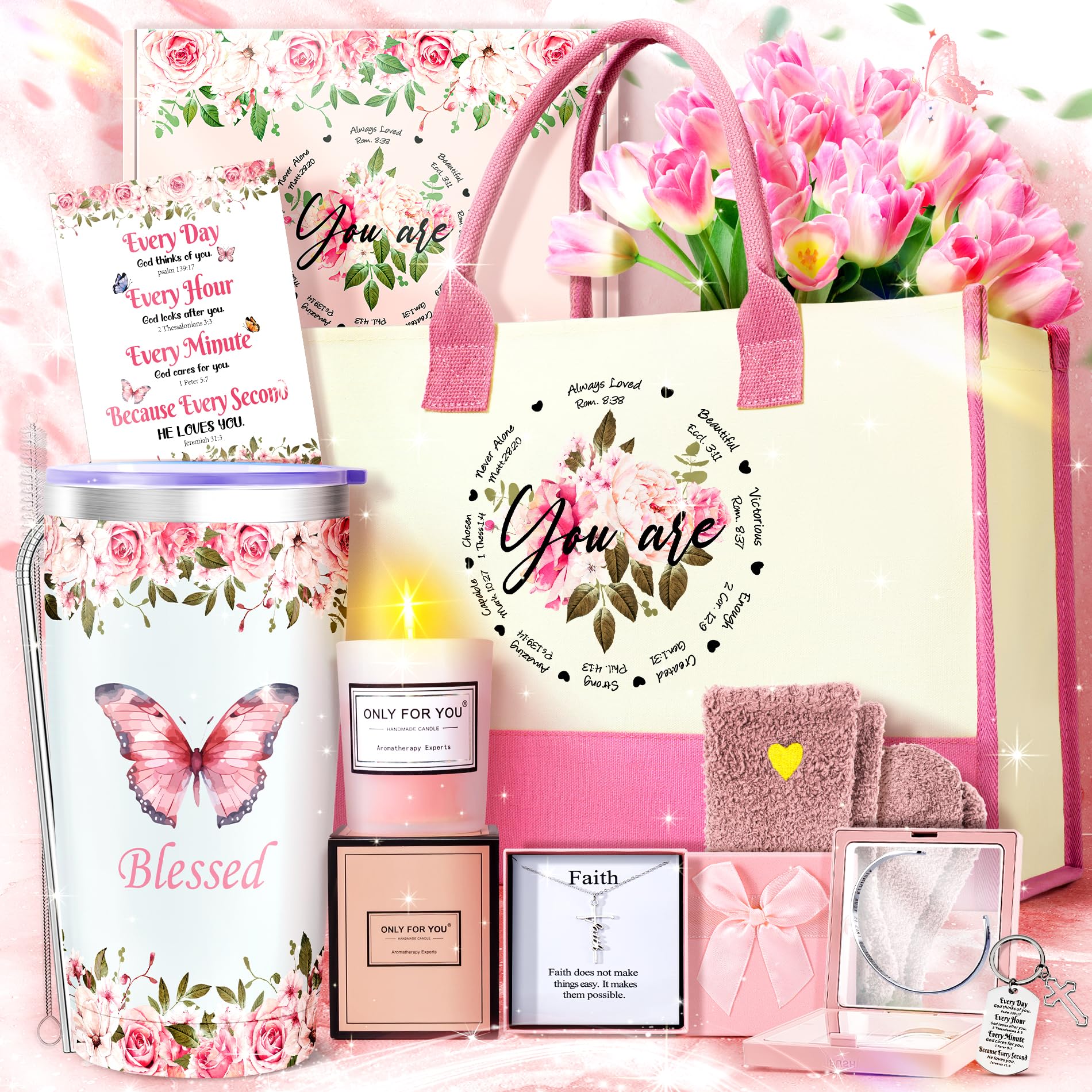 11PCS Christian Gifts for Women Faith, Inspirational Gifts for Women, Pink Birthday Spiritual Religious Basket Set,Self Care Get Well Soon Baskets for Mom,Friends,Wife,Girlfriends