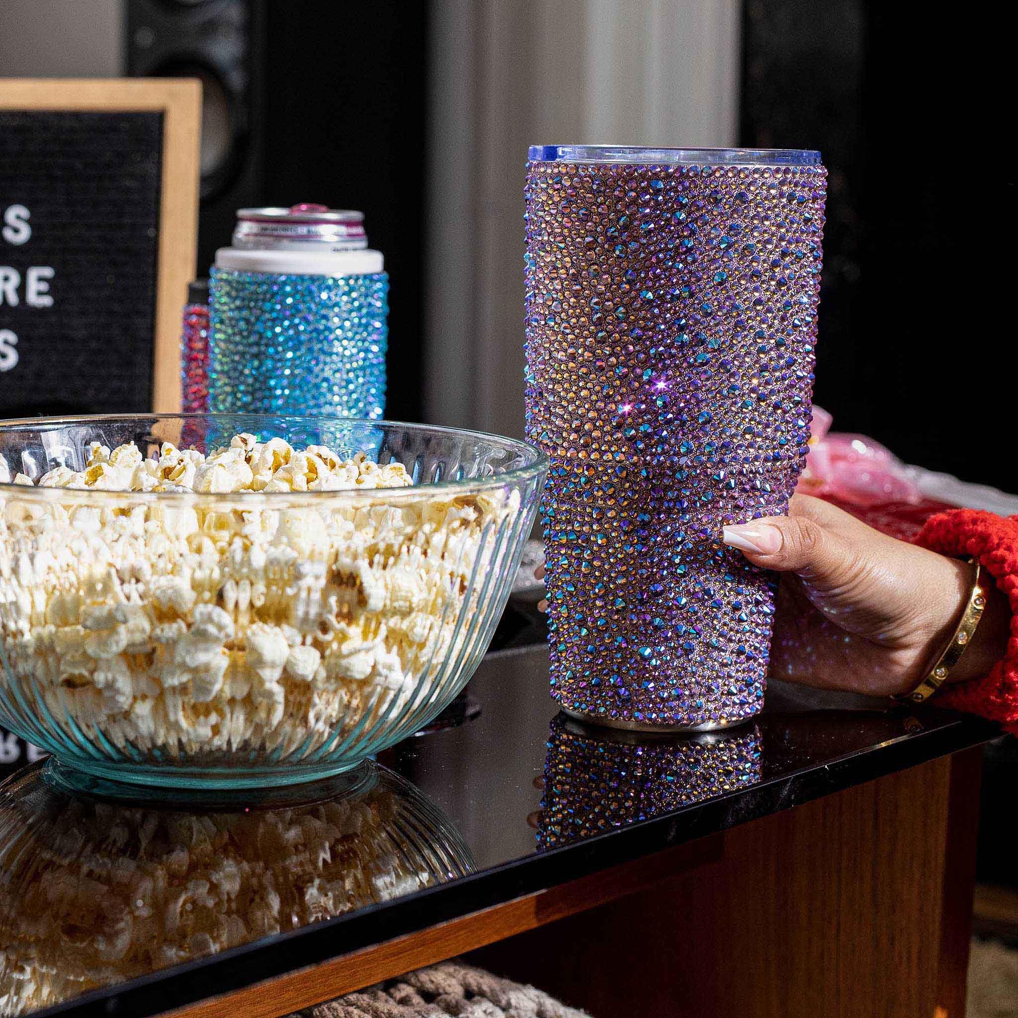 Strass Insulated Beverage Tumbler, Glass Rhinestones on Stainless Steel, Aqua Iridescent, Sold Individually