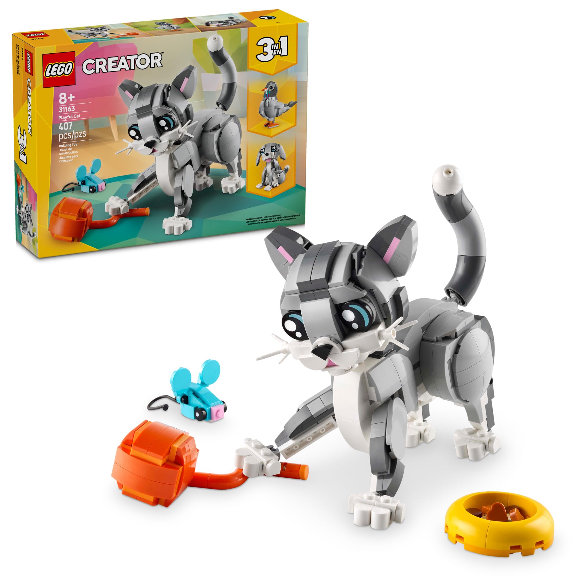 LEGO Creator 3 in 1 Playful Cat Toy - Building Toy with 3 Building Options, Cat, Dog, or Pigeon - Easter Basket Gift for Kids - Animal Figures for Kids, Girls and Boys, Ages 8+ - 31163