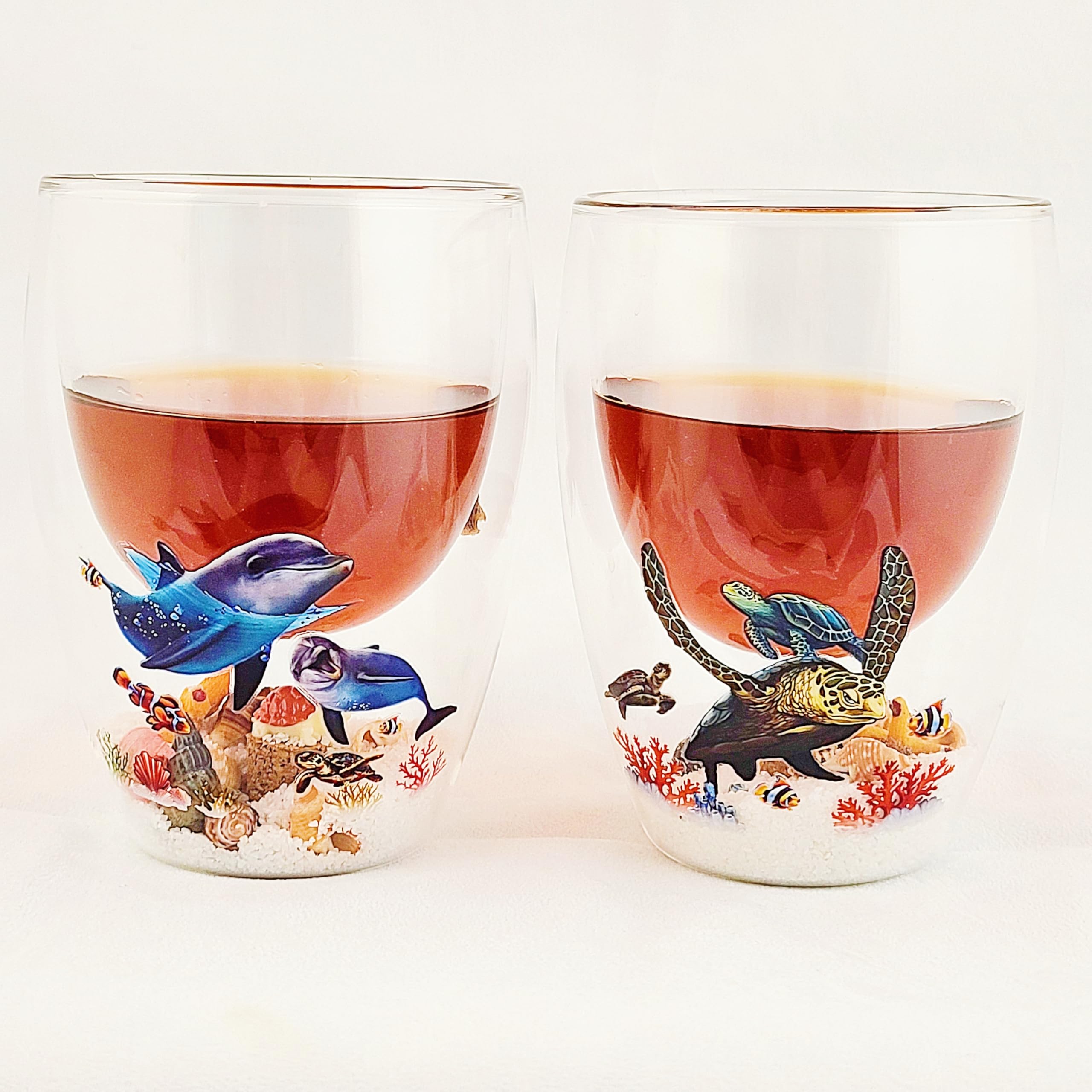 OKEA Marine Life Double-Wall Glass Cups 2 PC – Sea Turtle & Dolphin Design with Sand and Shells Inside – 250ml Insulated Coffee Mugs