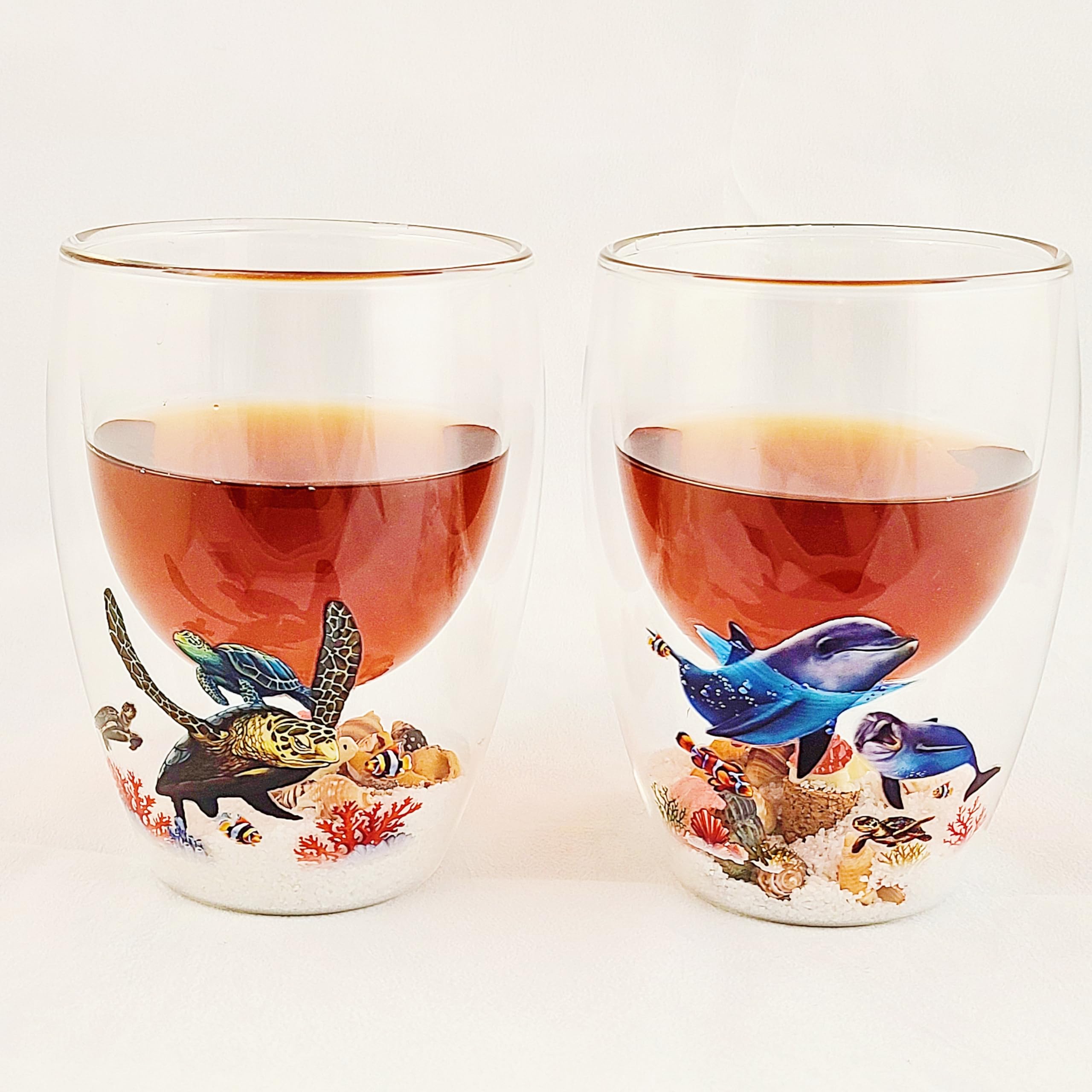 OKEA Marine Life Double-Wall Glass Cups 2 PC – Sea Turtle & Dolphin Design with Sand and Shells Inside – 250ml Insulated Coffee Mugs