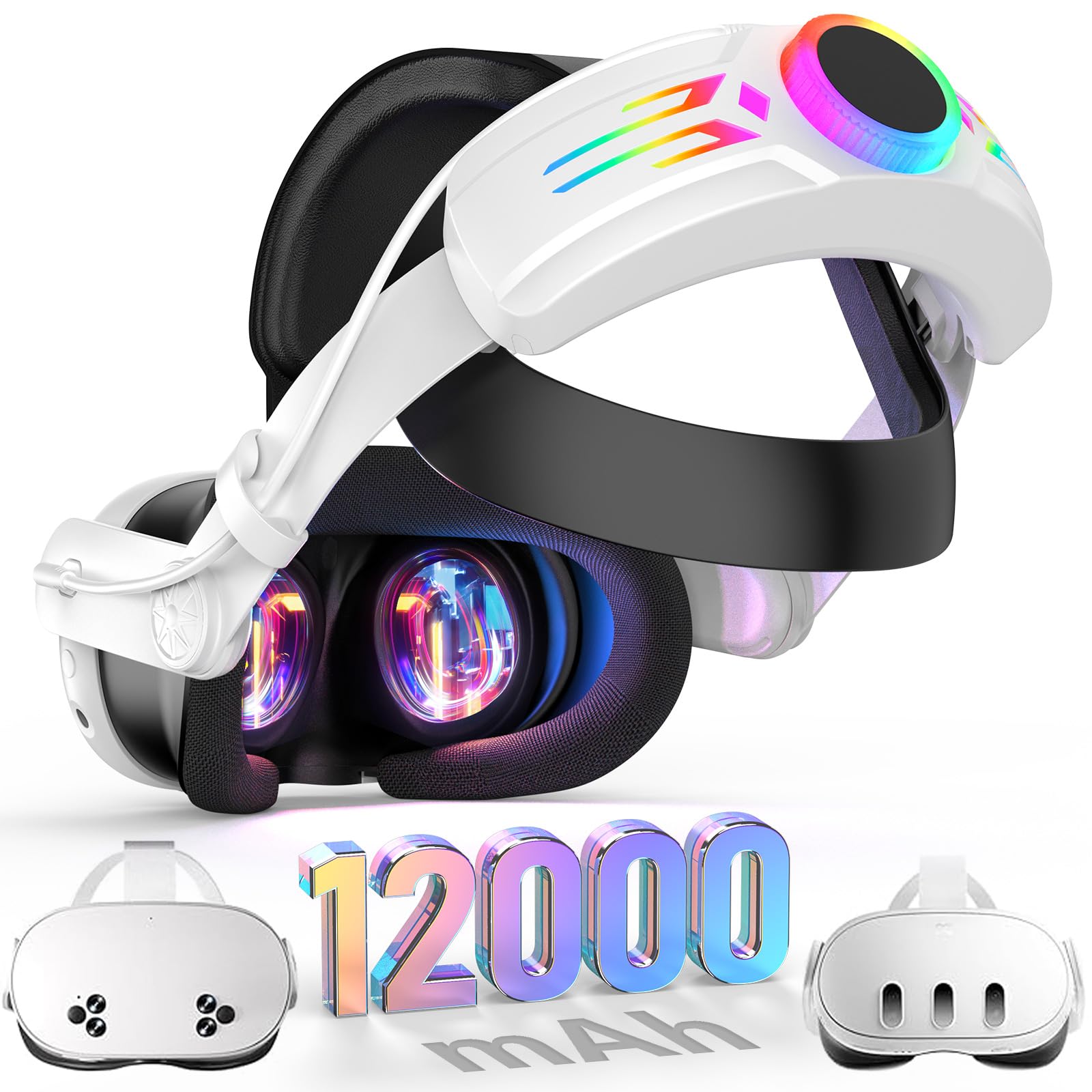 BROKELIT RGB Head Strap with Battery for Meta Quest 3S/Quest 3, 12000mAh Battery Pack for Extended 8H of Playtime, Fast Charging VR Power, Adjustable Elite Strap Enhanced Support and Balance in VR