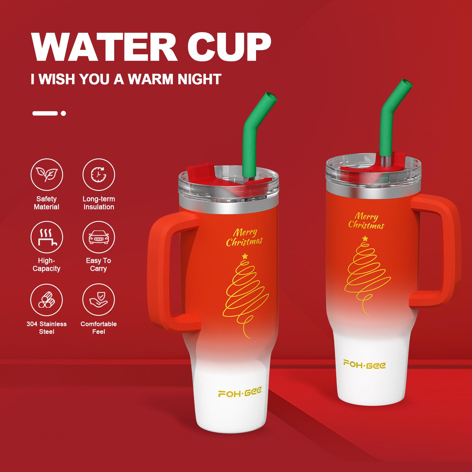 FOHGEE Christmas Style 30oz Stainless Steel Tumbler with Handle - Keep Drinks Cold & Hot All Season! (Red Tree)