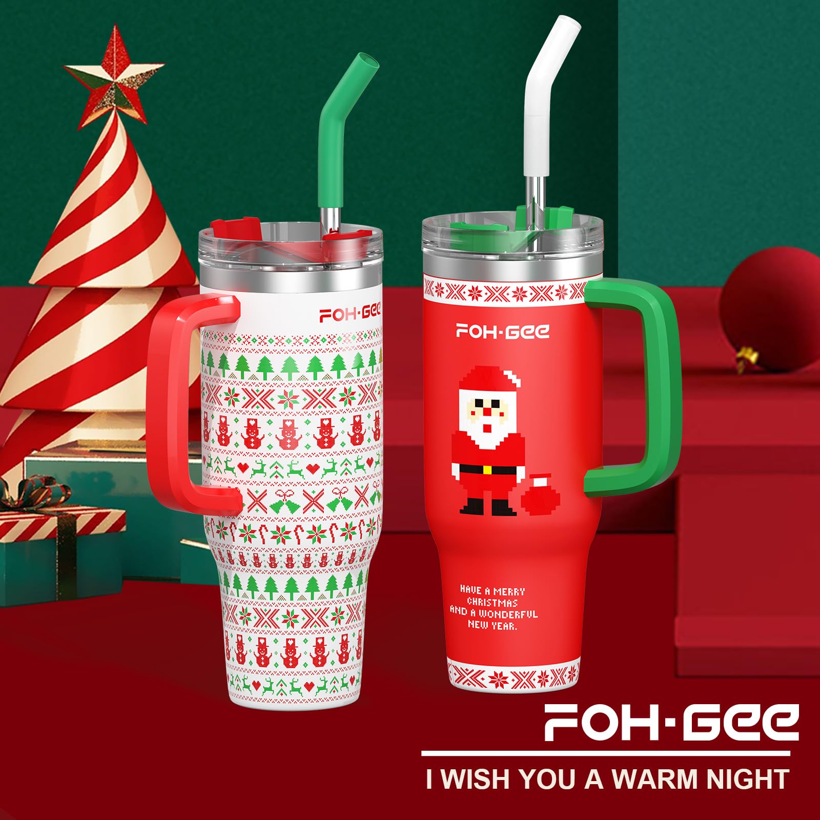 FOHGEE Christmas Style 40oz Stainless Steel Tumbler with Handle - Keep Drinks Cold & Hot All Season! (Red Santa)