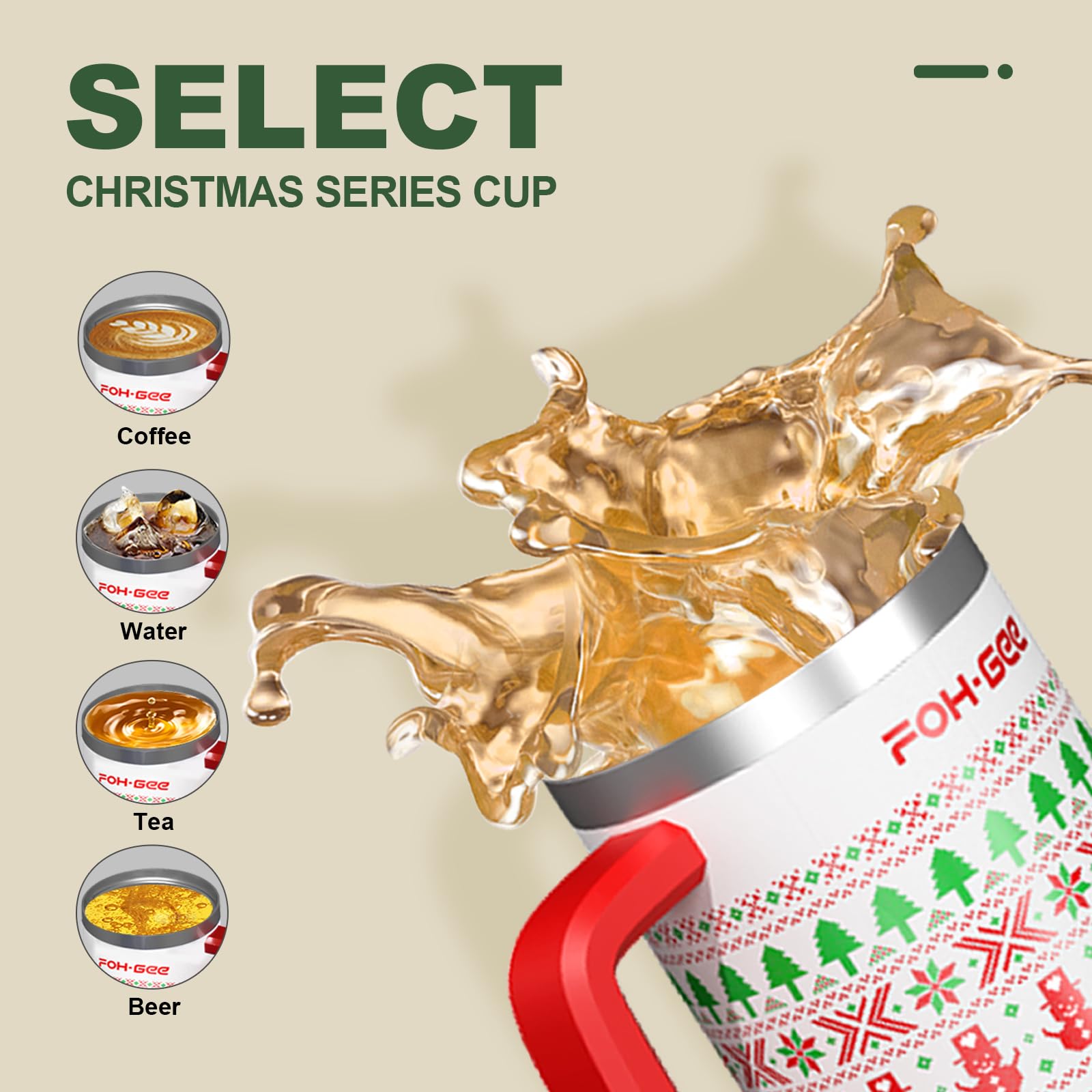 FOHGEE Christmas Style 40oz Stainless Steel Tumbler with Handle - Keep Drinks Cold & Hot All Season! (Red Santa)