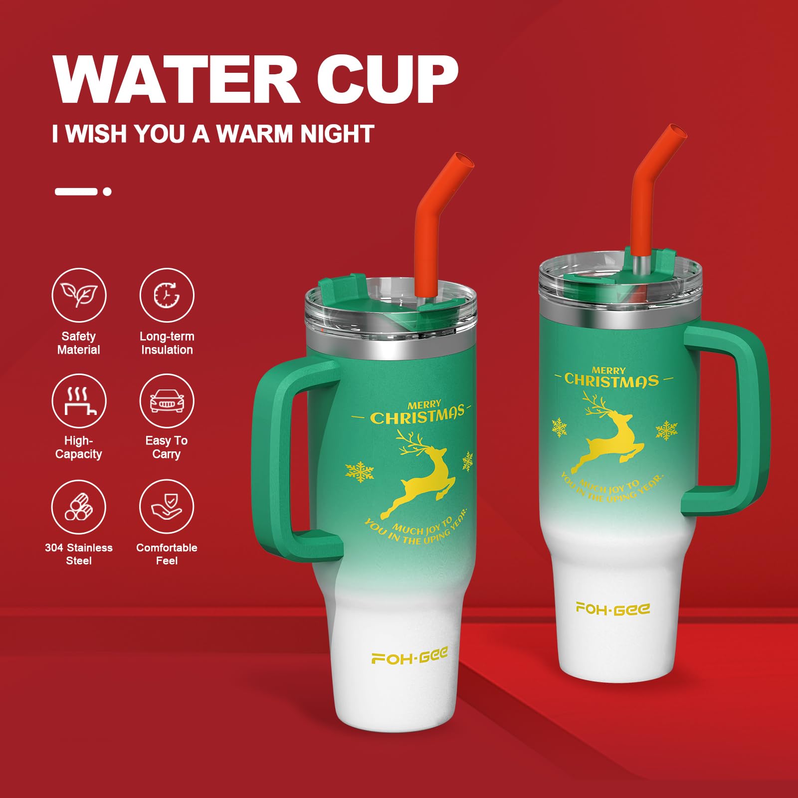 FOHGEE Christmas Style 30oz Stainless Steel Tumbler with Handle - Keep Drinks Cold & Hot All Season! (Green Reindeer)