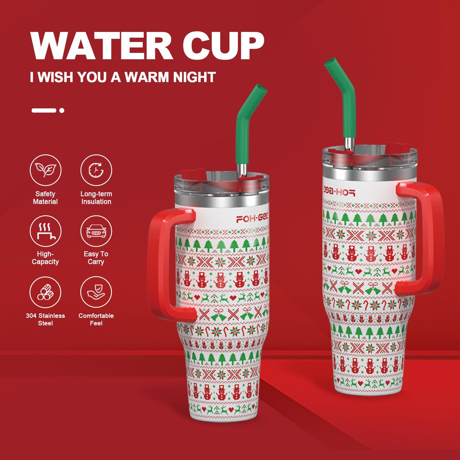 FOHGEE Christmas Style 40oz Stainless Steel Tumbler with Handle - Keep Drinks Cold & Hot All Season! (Stripes)