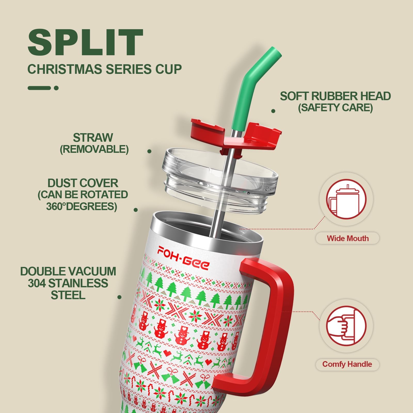 FOHGEE Christmas Style 40oz Stainless Steel Tumbler with Handle - Keep Drinks Cold & Hot All Season! (Stripes)
