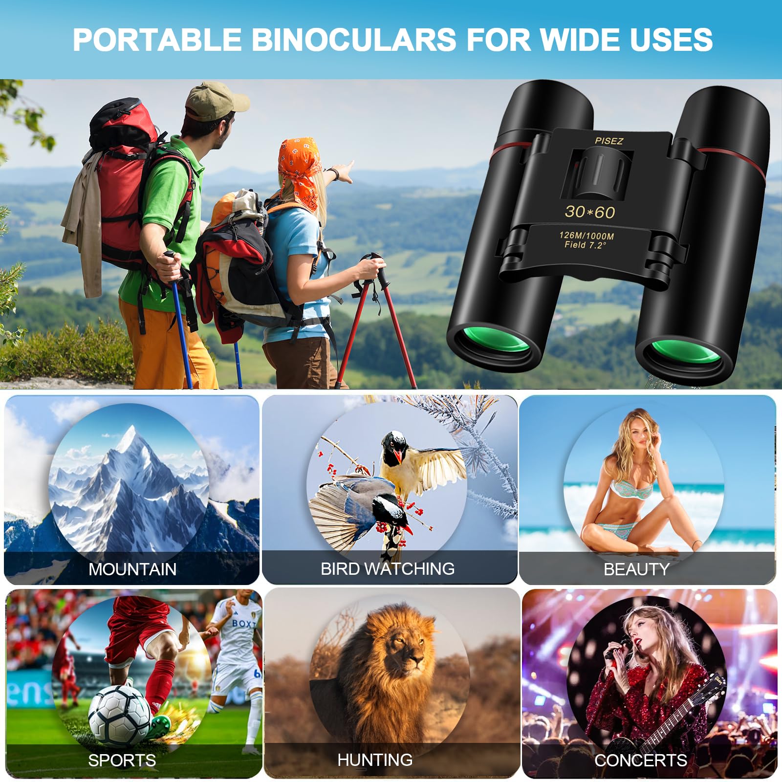 PISEZ 30X60 Compact Binoculars for Adults and Kids,Lightweight Foldable Easy Focus Small Binoculars for Bird Watching Hunting Concert Traveling Theater Opera Sightseeing