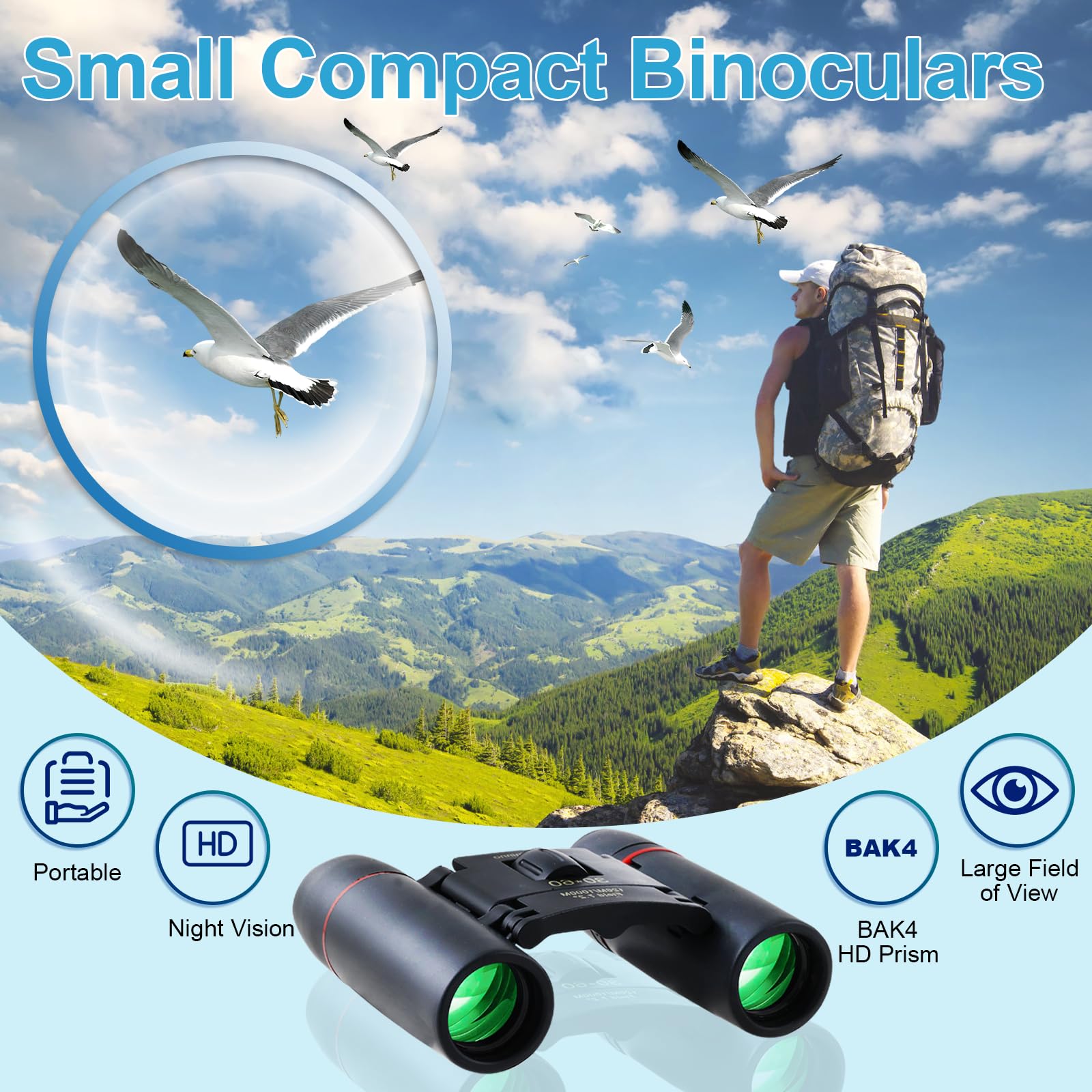 PISEZ 30X60 Compact Binoculars for Adults and Kids,Lightweight Foldable Easy Focus Small Binoculars for Bird Watching Hunting Concert Traveling Theater Opera Sightseeing