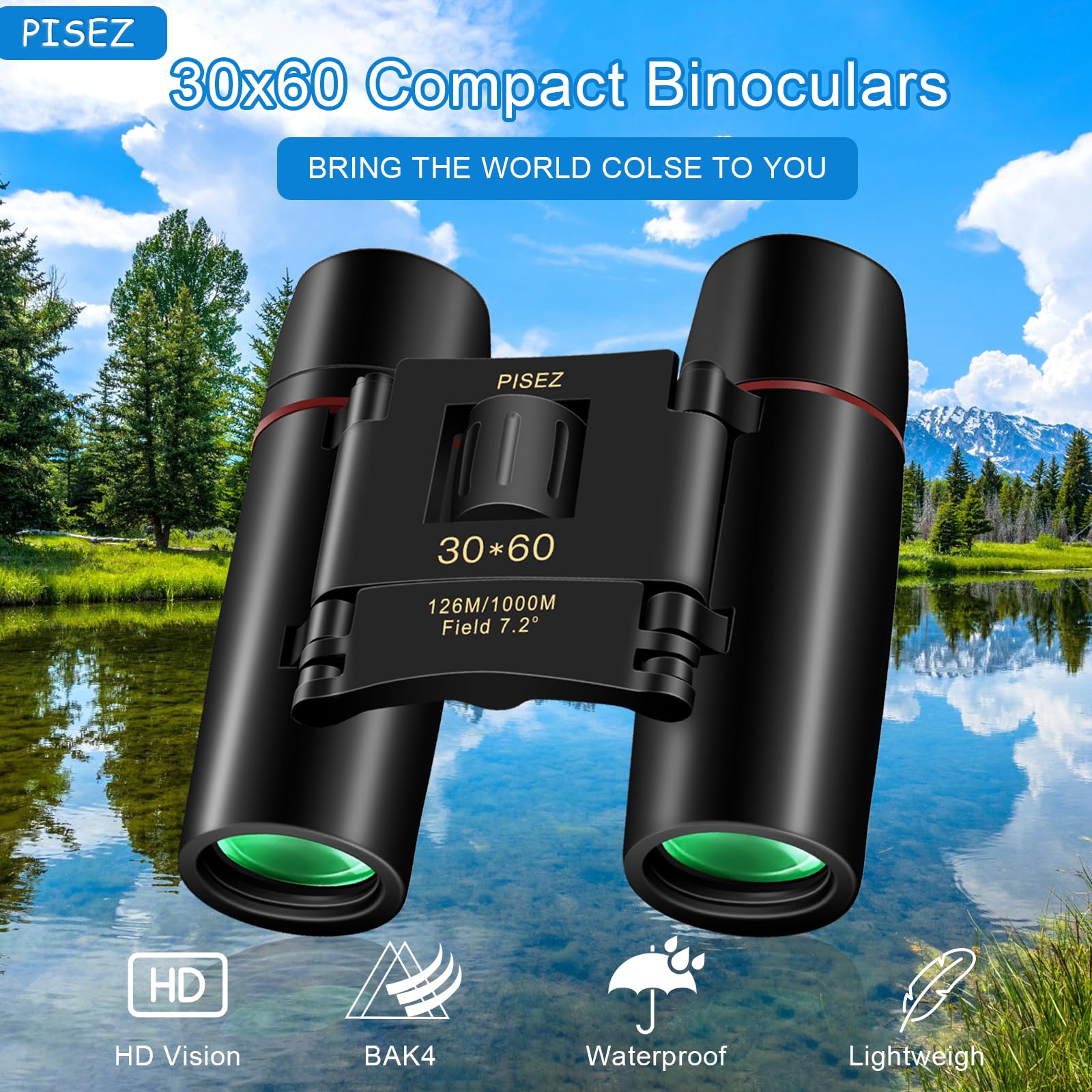 PISEZ 30X60 Compact Binoculars for Adults and Kids,Lightweight Foldable Easy Focus Small Binoculars for Bird Watching Hunting Concert Traveling Theater Opera Sightseeing
