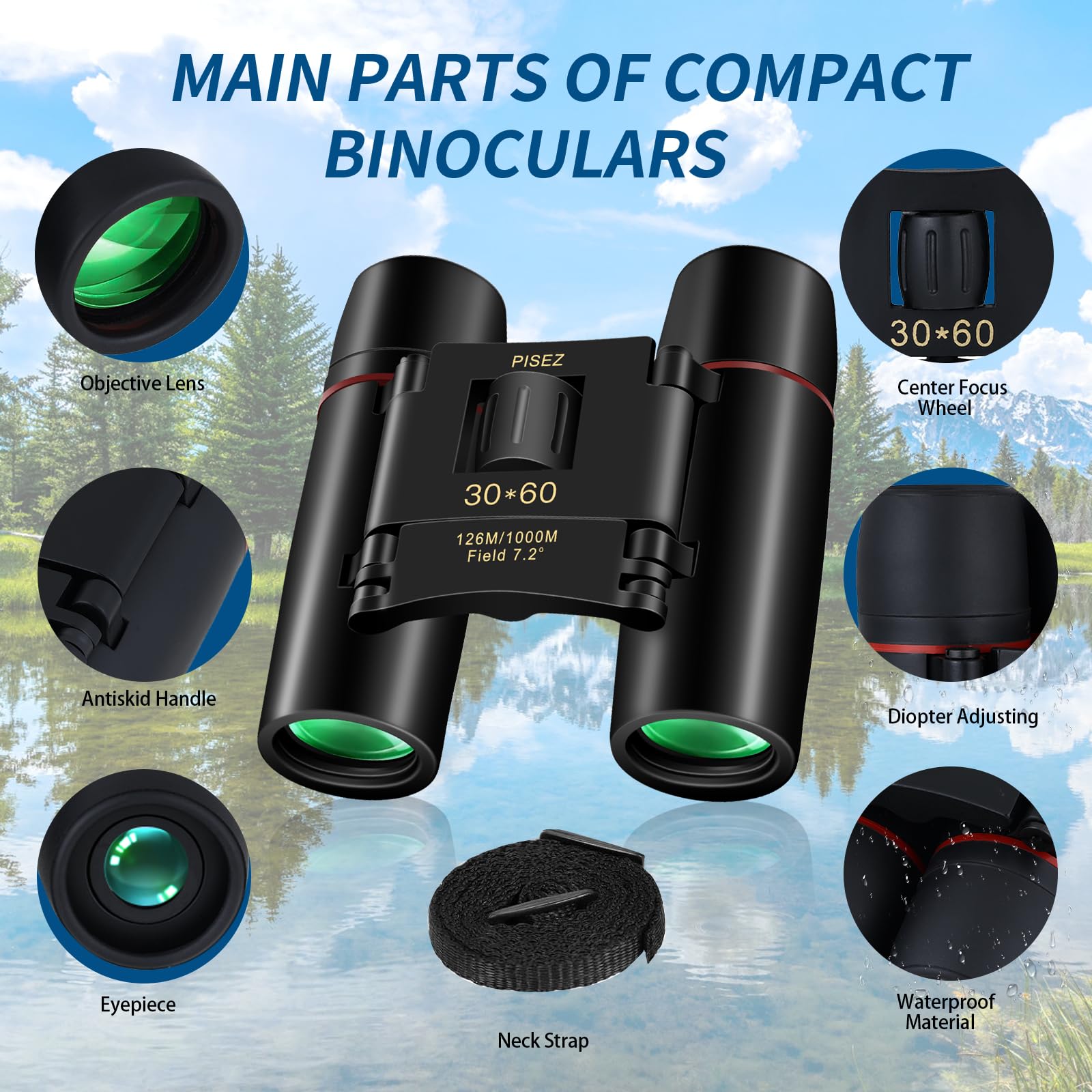 PISEZ 30X60 Compact Binoculars for Adults and Kids,Lightweight Foldable Easy Focus Small Binoculars for Bird Watching Hunting Concert Traveling Theater Opera Sightseeing