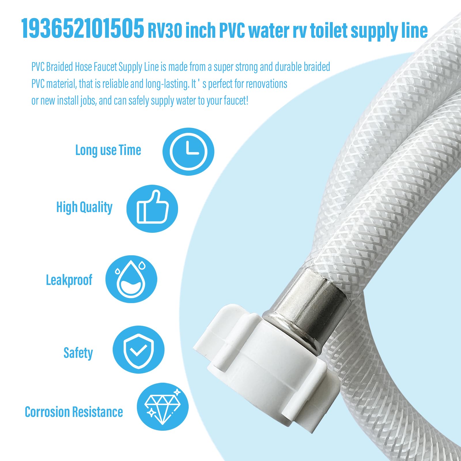 Water line fittings and accessories Flexible faucet connector 30 in. Braided PVC Water Hose,Tool-Free Installation,lead free hose,water supply lines for faucet,hose connector
