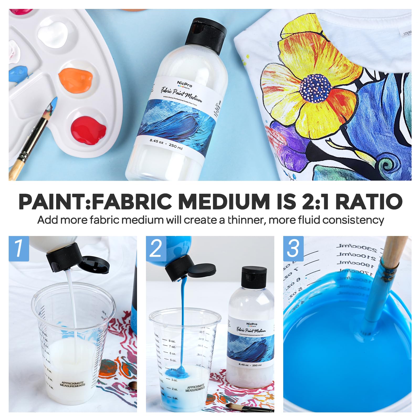 Nicpro Professional Effects Fabric Medium, 8.45oz Bottle Fabric Painting Acrylic Fluid Medium, Improves Acrylic Paint Adhesion to Fabrics, Textiles for Fabrics DIY Clothing, T-shirts, Shoes Jeans Bags