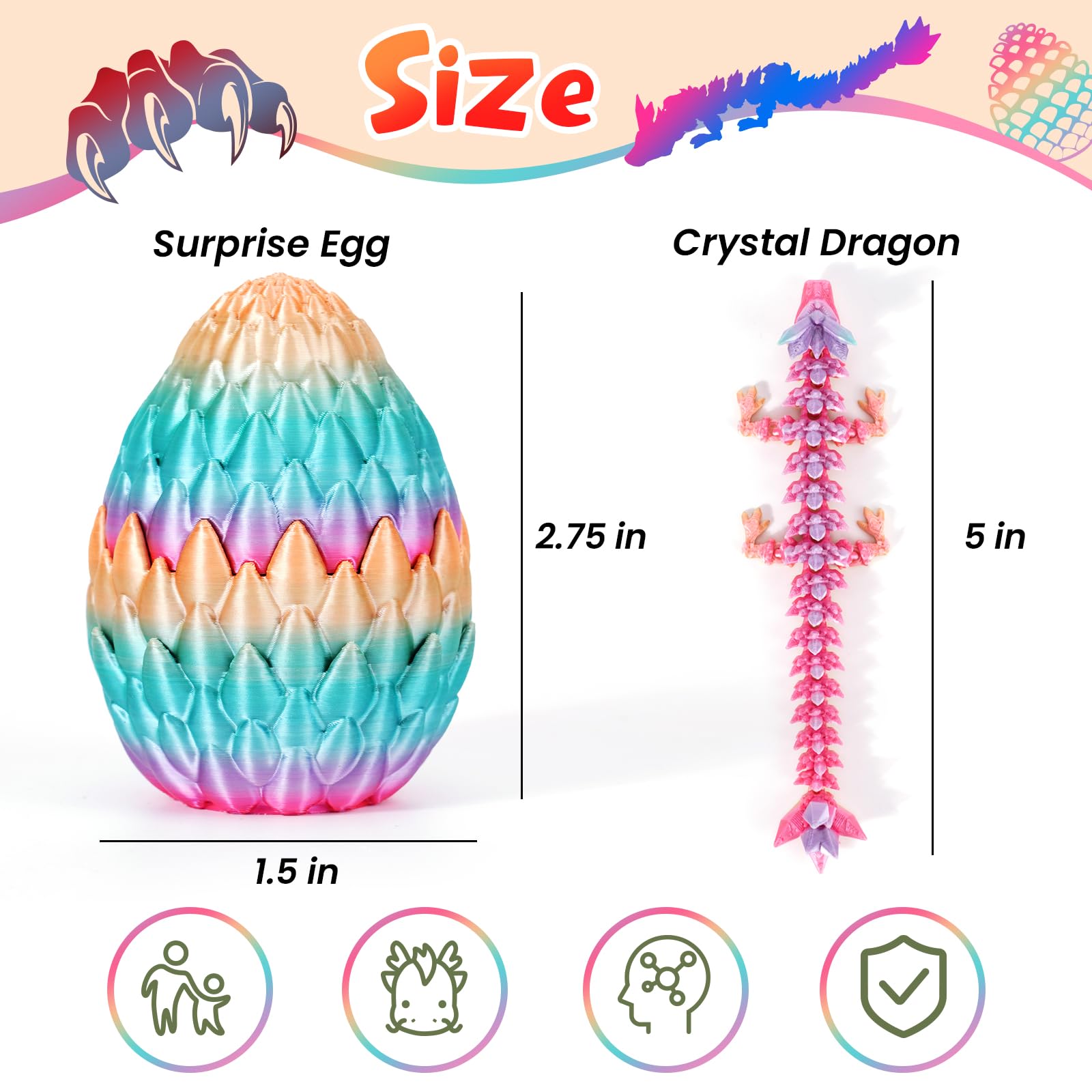 SHUWND 4PCS Easter 3D Printed Dragon Eggs with Dragon Inside,Easter Basket Stuffers,Easter Basket Essentials,Prefilled Mini Eggs Articulated Crystal Dragon Fidget Toys,Mystery 3D Printed Animals Set