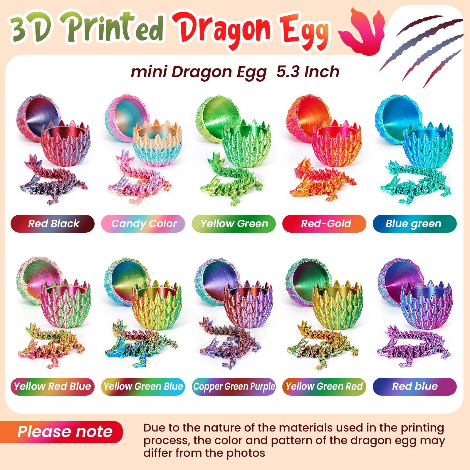 SHUWND 4PCS Easter 3D Printed Dragon Eggs with Dragon Inside,Easter Basket Stuffers,Easter Basket Essentials,Prefilled Mini Eggs Articulated Crystal Dragon Fidget Toys,Mystery 3D Printed Animals Set