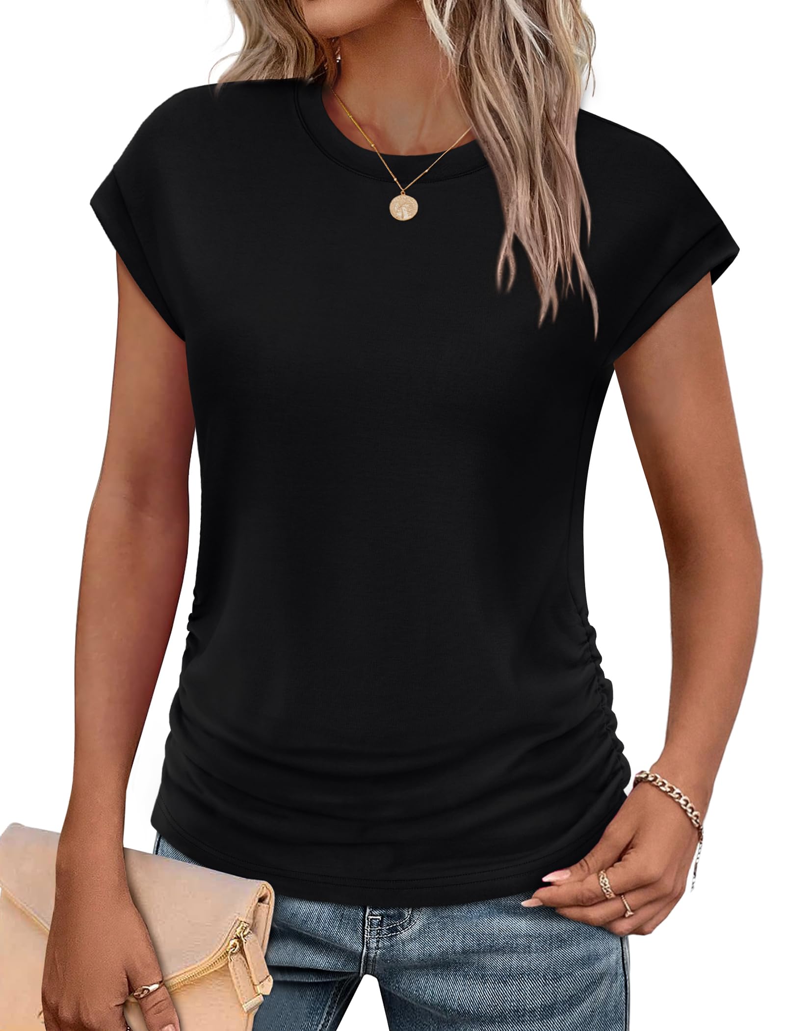 Womens Tops Summer Cap Sleeve Tops Trendy Loose Fit Tshirts Dressy Casual Shirts Fashion 2025 Vacation Outfits Clothing Black L