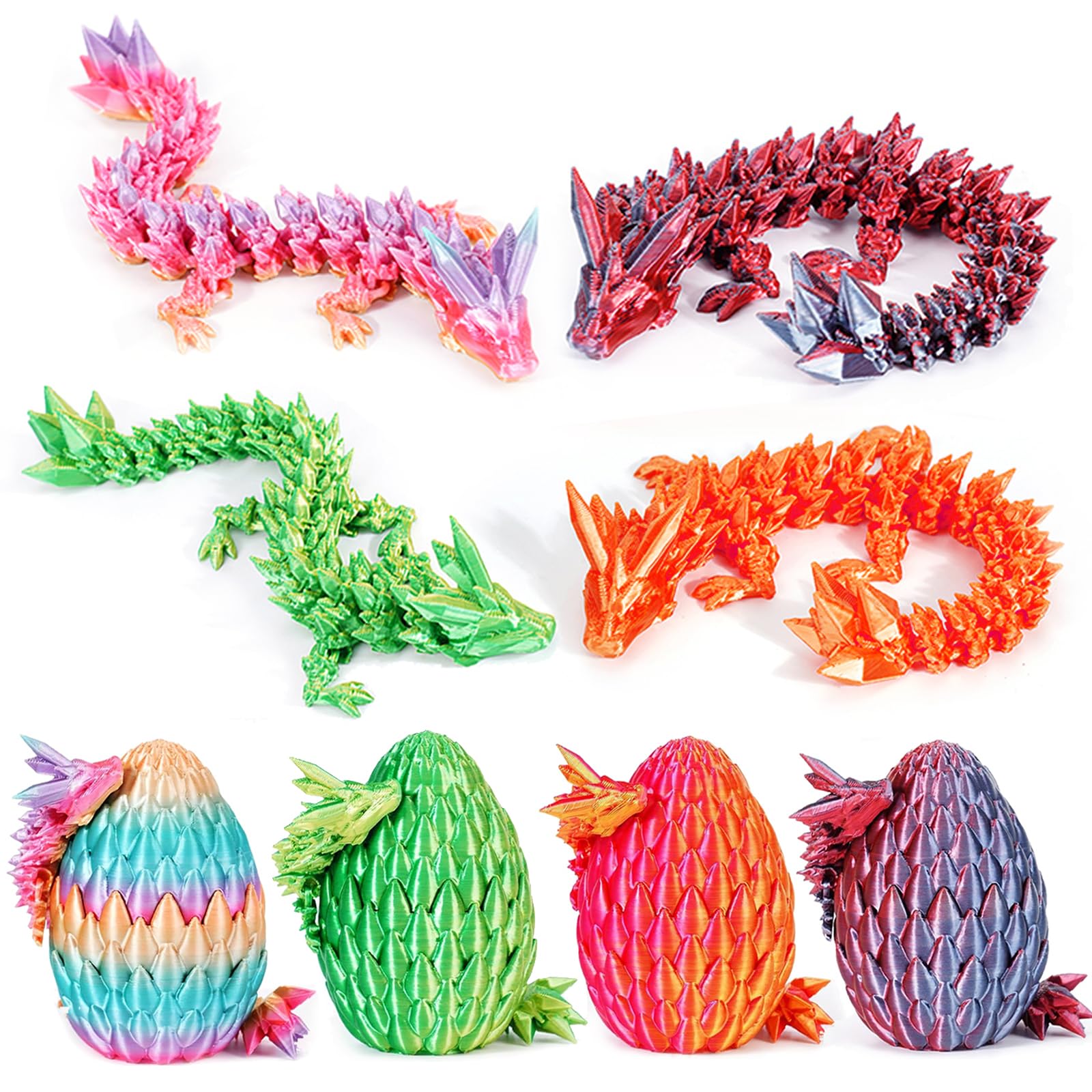 SHUWND 4PCS Easter 3D Printed Dragon Eggs with Dragon Inside,Easter Basket Stuffers,Easter Basket Essentials,Prefilled Mini Eggs Articulated Crystal Dragon Fidget Toys,Mystery 3D Printed Animals Set