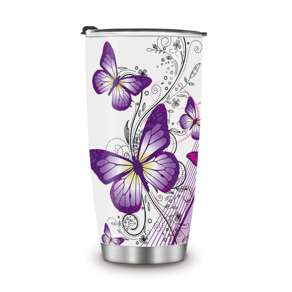 WIRESTER 20 OZ Stainless Steel Tumbler With Lid, Double Wall Vacuum Insulated Tumbler, Coffee Travel Mug Cup for Hot Cold Drinks - 2 Tone Purple Butterfly