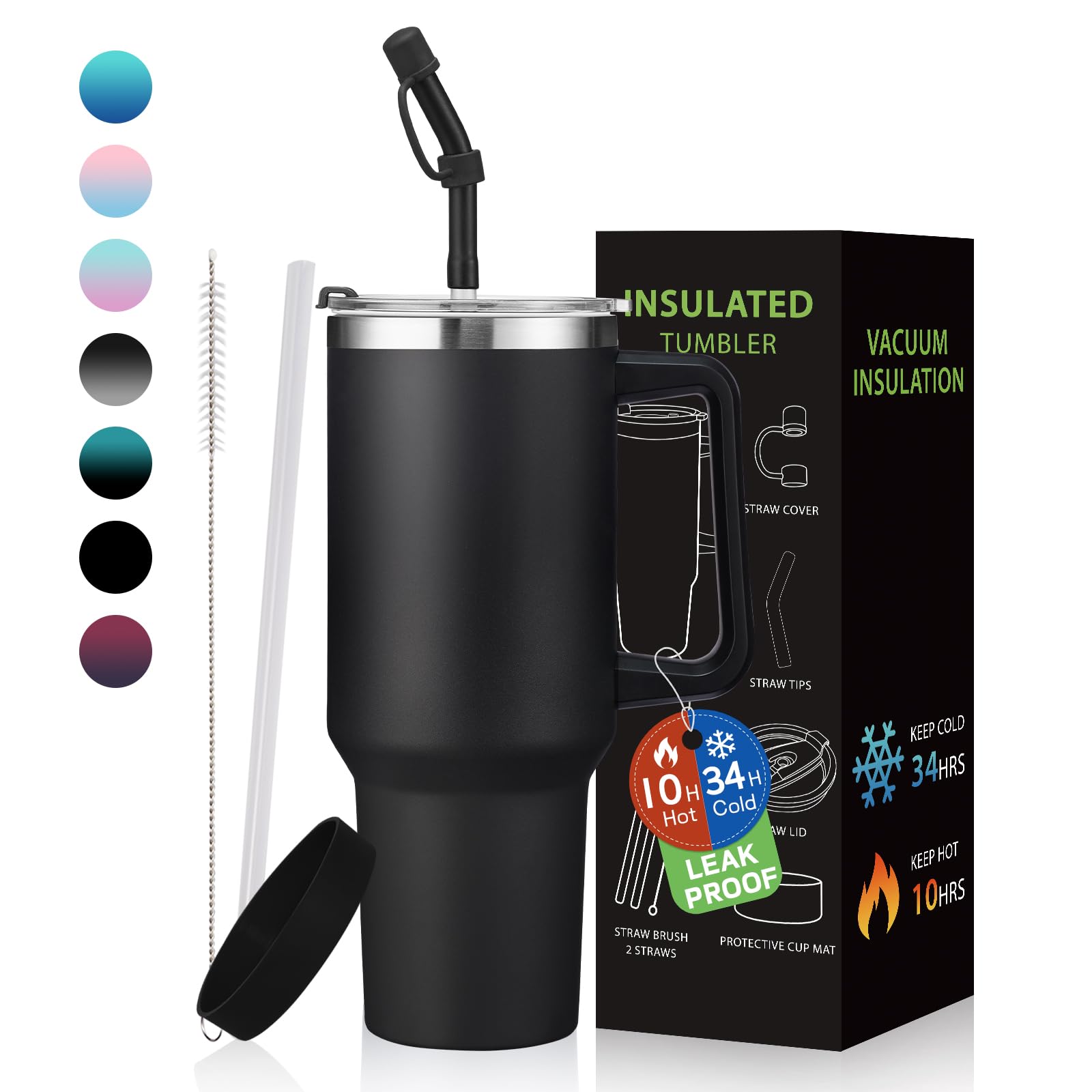 BENZZO Tumbler with Lid and Straw 40oz Stainless Steel Tumblers with Protective Boot & Double Threaded Cap, Thermal Travel Coffee Mug Flask Keeps Cold-34 Hrs for Gym Office, Car Cupholder Friendly