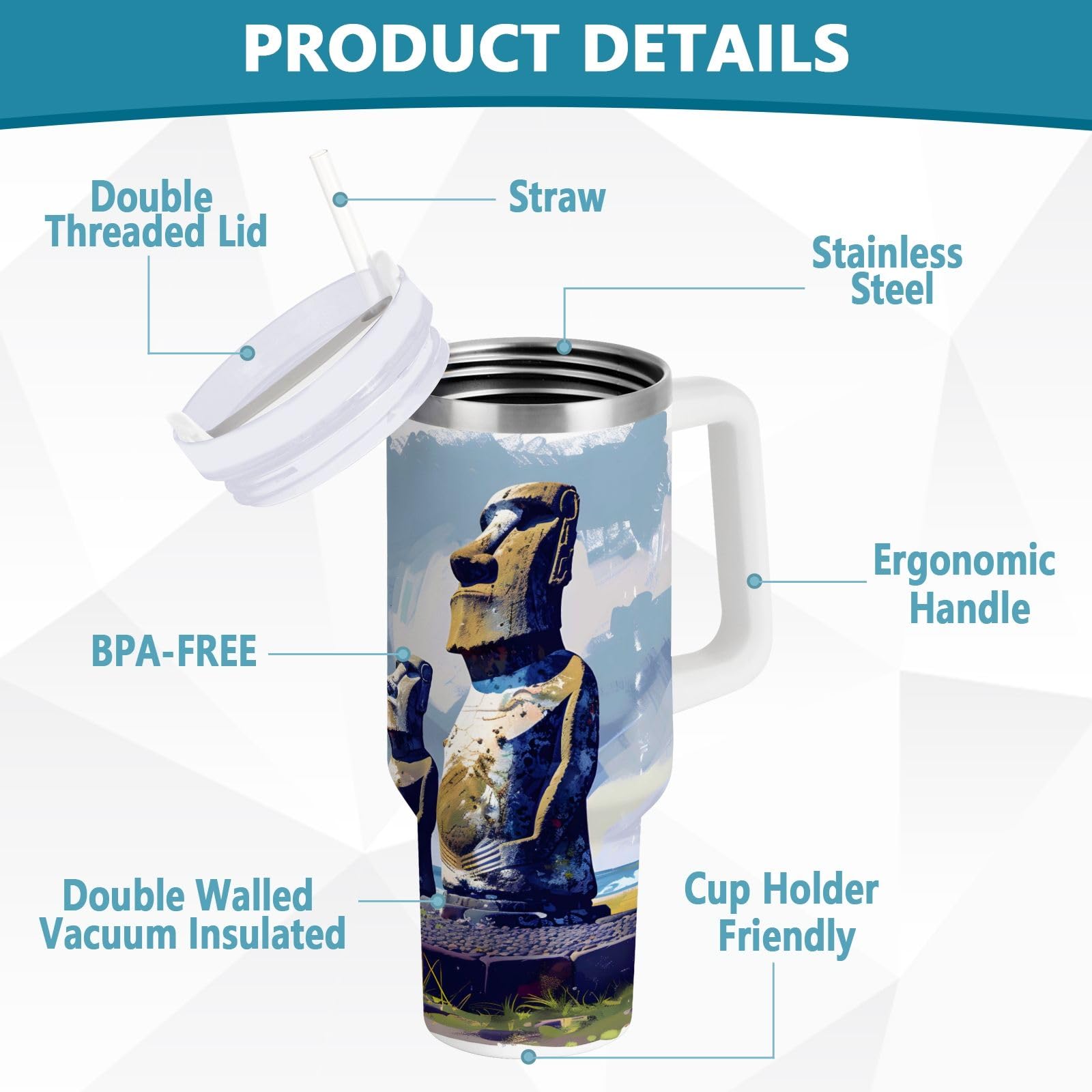 KUEJOP Stainless Steel Vacuum Insulated Tumbler Moai Statues Water Bottle with Lid and Straw