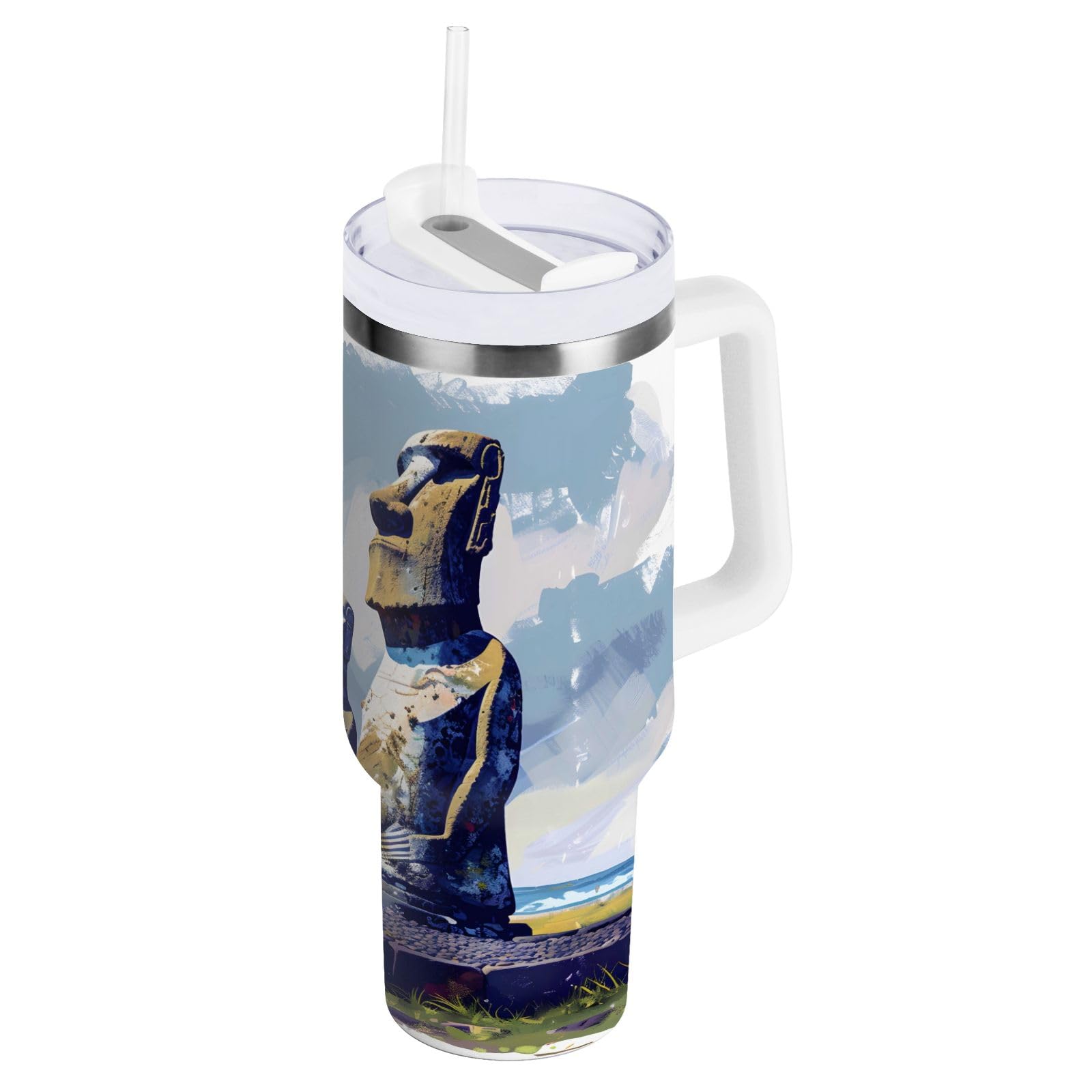 KUEJOP Stainless Steel Vacuum Insulated Tumbler Moai Statues Water Bottle with Lid and Straw