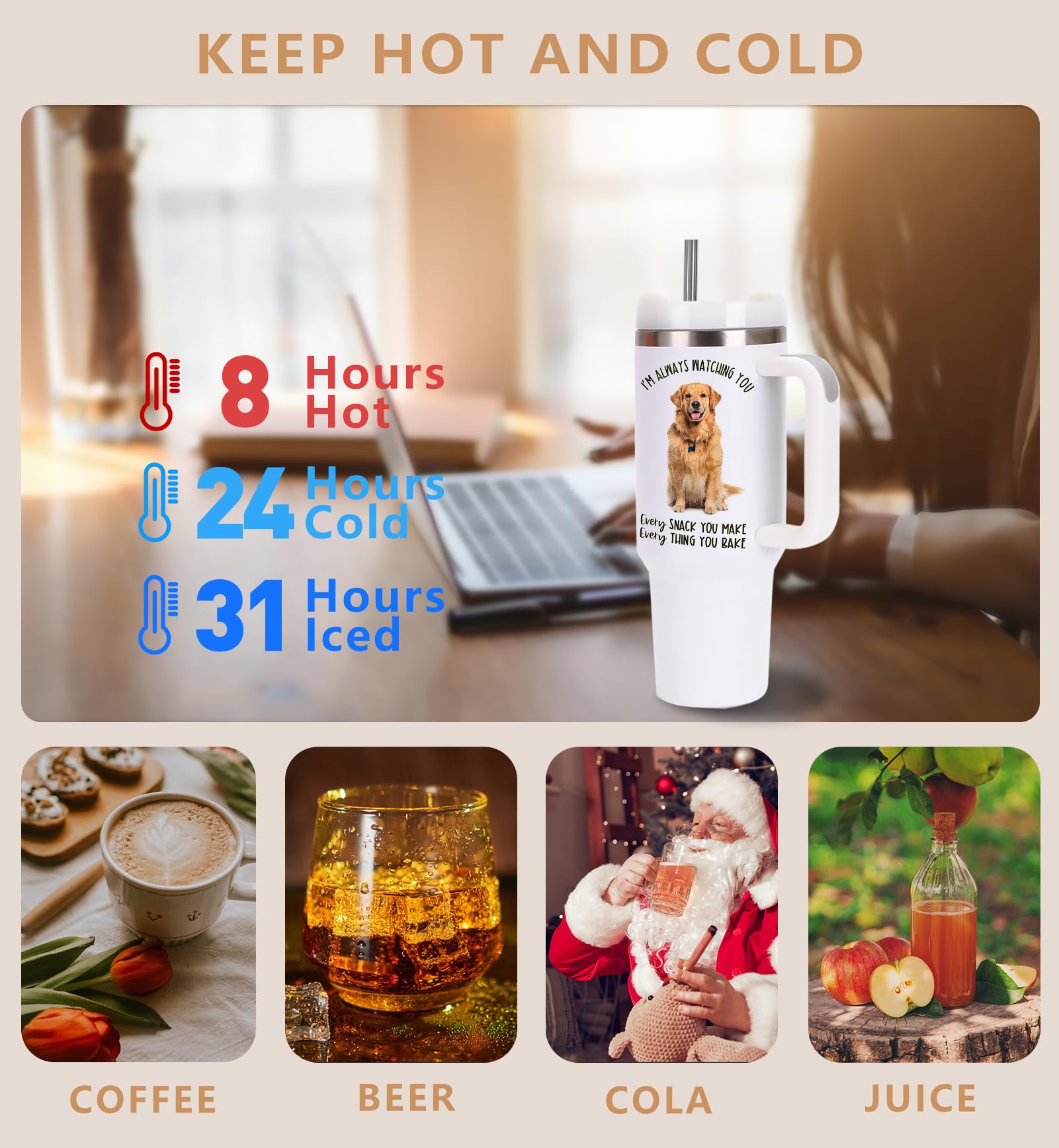EchoMaven Golden Retriever 40oz Tumbler - Christmas and Birthday Gift for Dog Lovers, Mom, Dad, and Owners - White