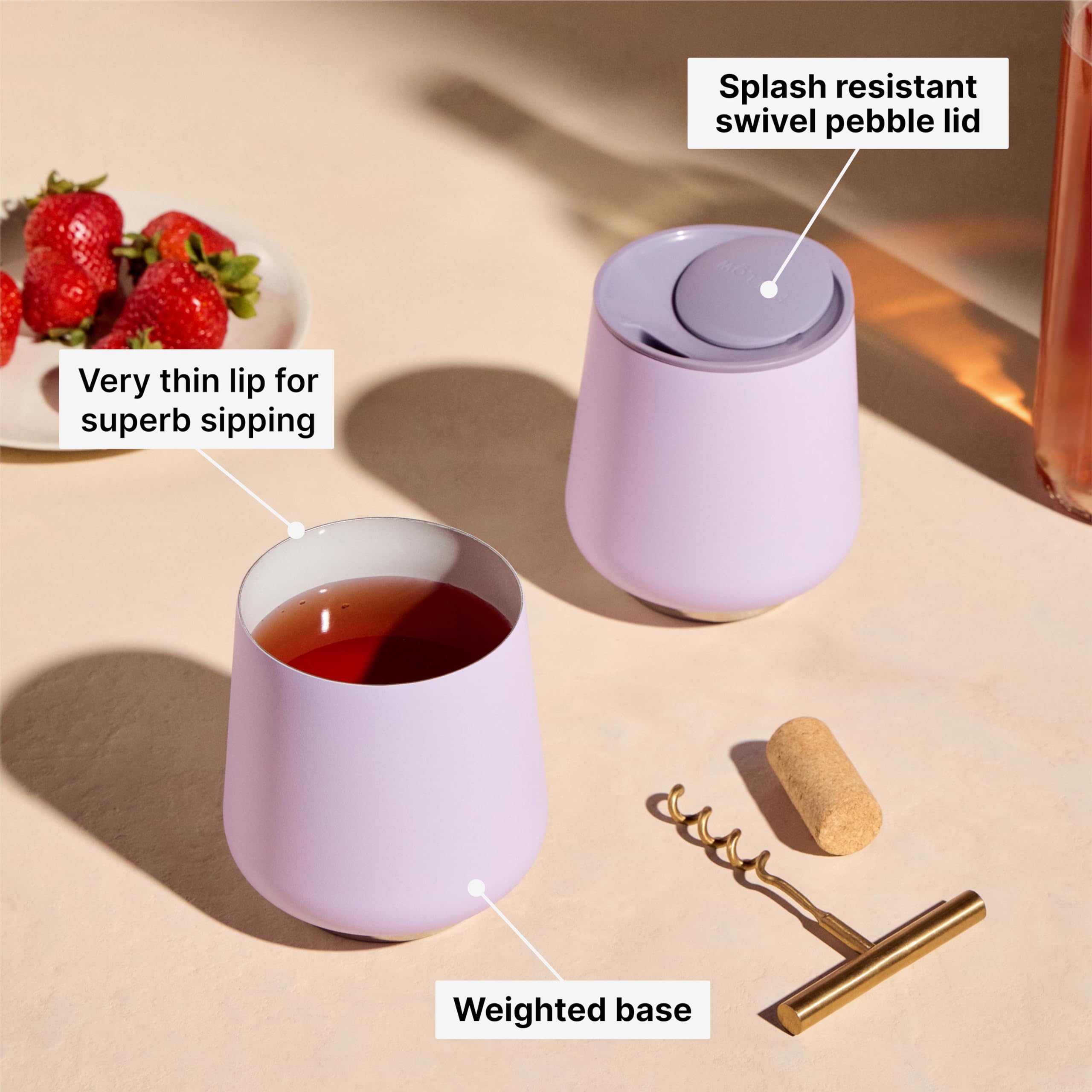 Fellow Ruby Wine Tumbler Set of 2 - Insulated Stainless Steel Wine and Cocktail Tumblers with Ceramic Interior and Swivel Pebble Lid - 12 oz, Peri Twinkle