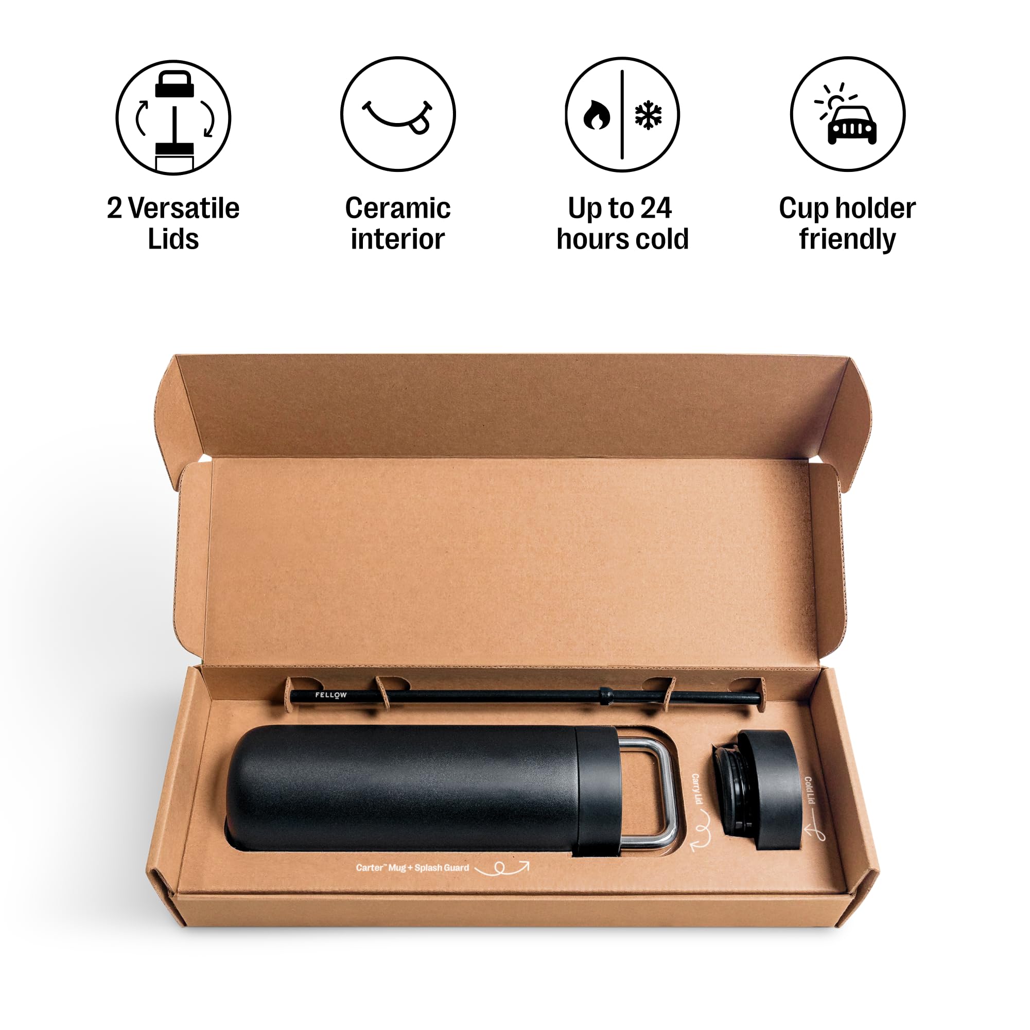 Fellow 20 oz Carter Water Bottle with 2 Lids - Leak-Proof Lid with Metal Handle - Cold Lid with Straw - Ceramic Interior & Vacuum-Insulated Stainless Steel - Matte Black