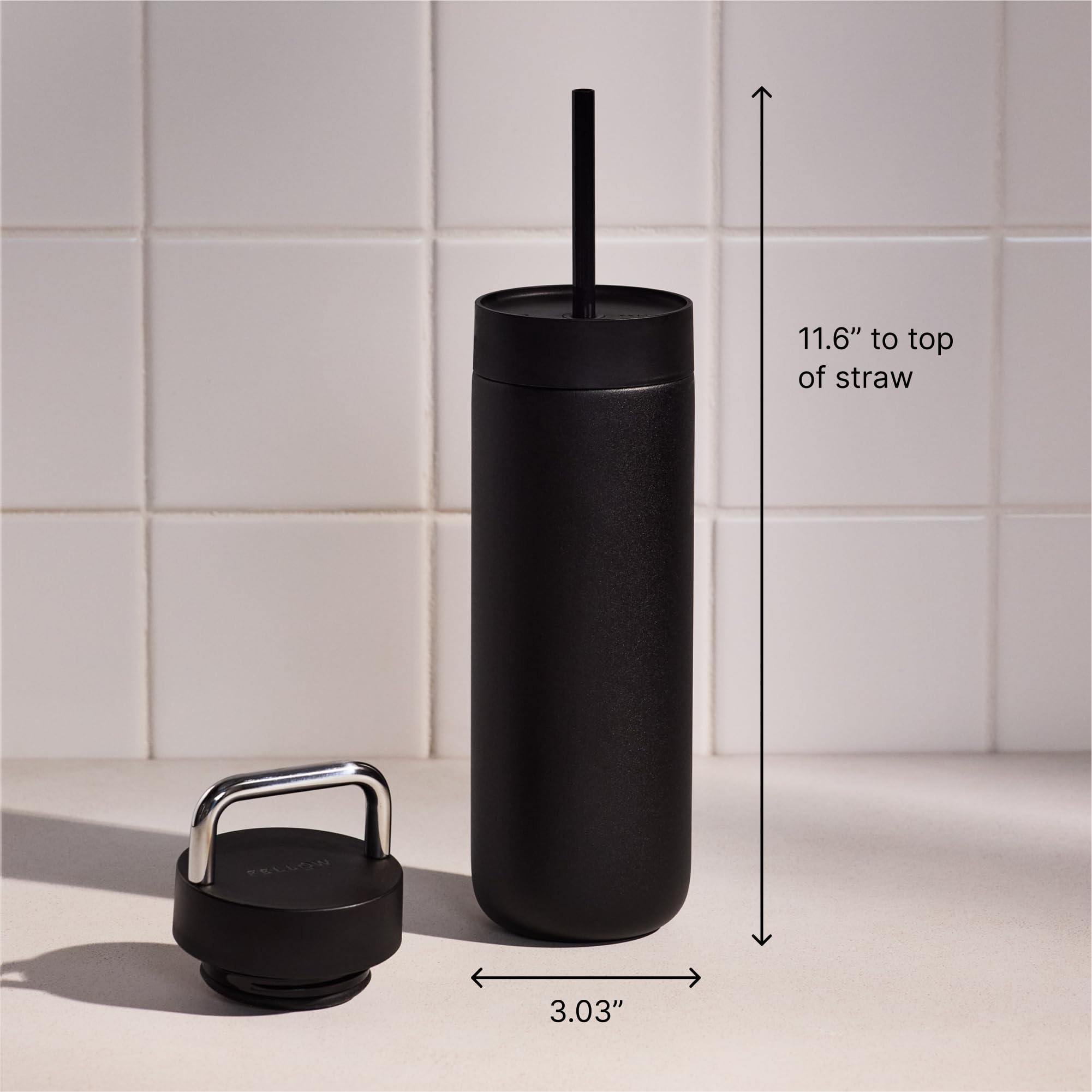 Fellow 20 oz Carter Water Bottle with 2 Lids - Leak-Proof Lid with Metal Handle - Cold Lid with Straw - Ceramic Interior & Vacuum-Insulated Stainless Steel - Matte Black