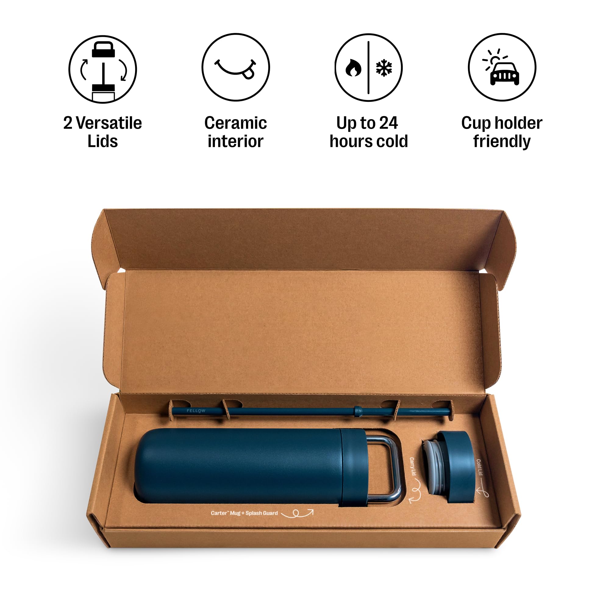 Fellow 20 oz Carter Water Bottle with 2 Lids - Leak-Proof Lid with Metal Handle - Cold Lid with Straw - Ceramic Interior & Vacuum-Insulated Stainless Steel - Stone Blue