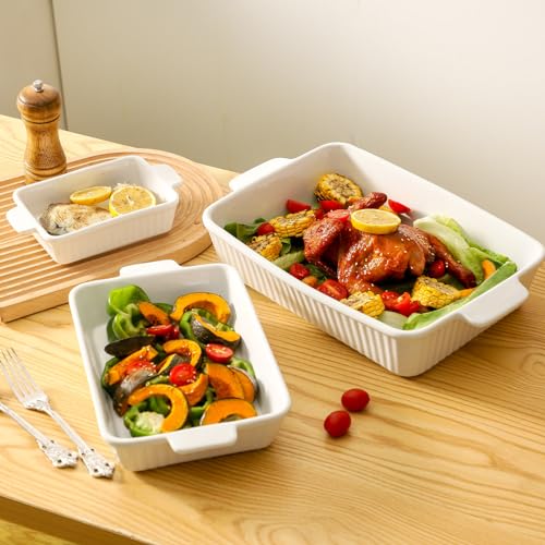Hasense Rectangular Casserole Dishes for Oven, Ceramic Baking Dish, Baking Pans Set of 3, Lasagna Pan with Handle, Microwave & Dishwasher Safe, Wedding Mother's Day Gift, White(15"/12.2''/8.3'')