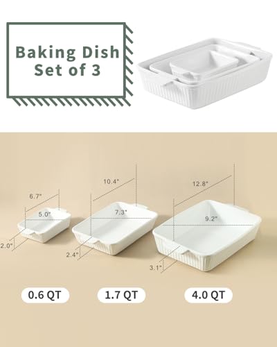 Hasense Rectangular Casserole Dishes for Oven, Ceramic Baking Dish, Baking Pans Set of 3, Lasagna Pan with Handle, Microwave & Dishwasher Safe, Wedding Mother's Day Gift, White(15"/12.2''/8.3'')