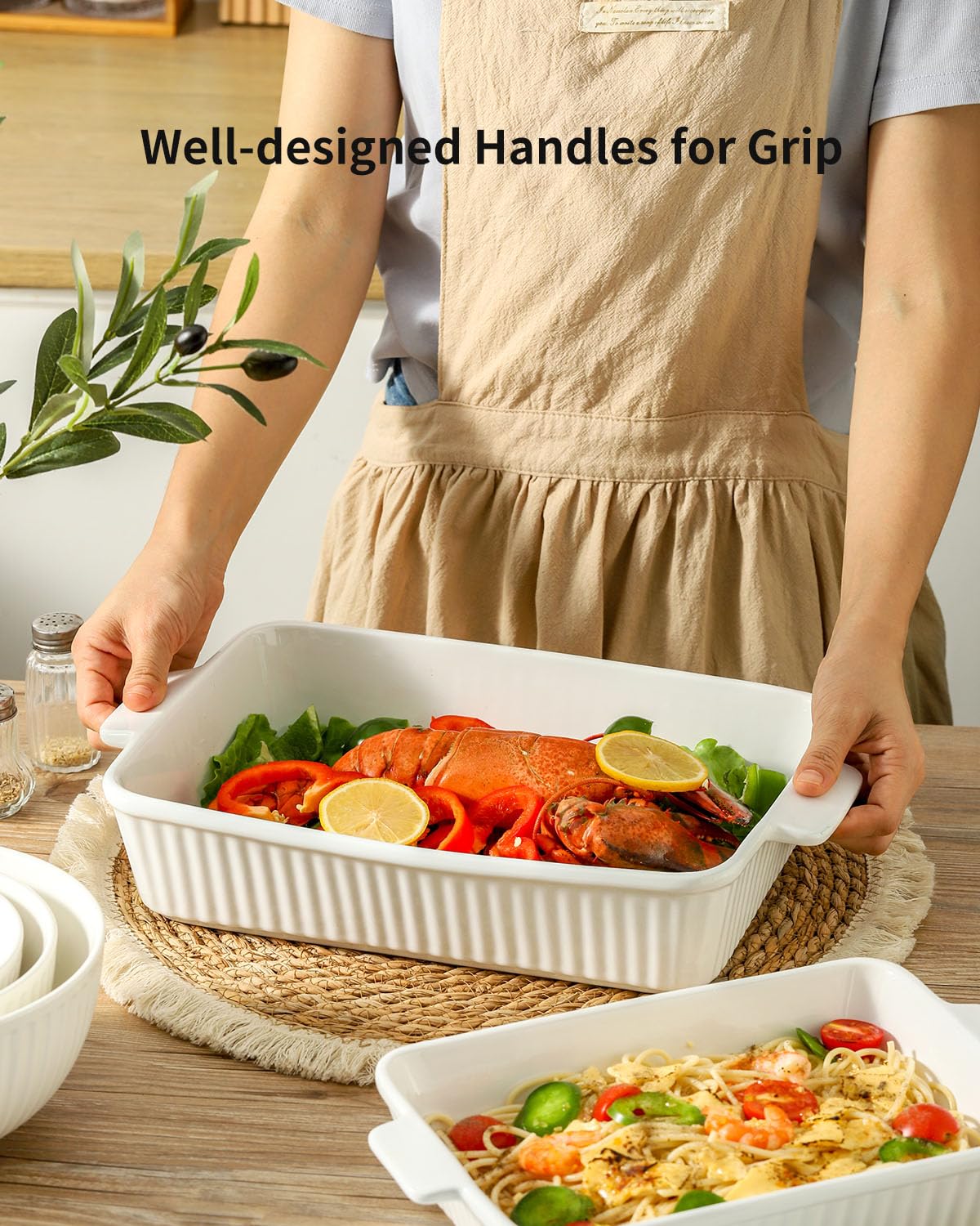 Hasense Rectangular Casserole Dishes for Oven, Ceramic Baking Dish, Baking Pans Set of 3, Lasagna Pan with Handle, Microwave & Dishwasher Safe, Wedding Mother's Day Gift, White(15"/12.2''/8.3'')