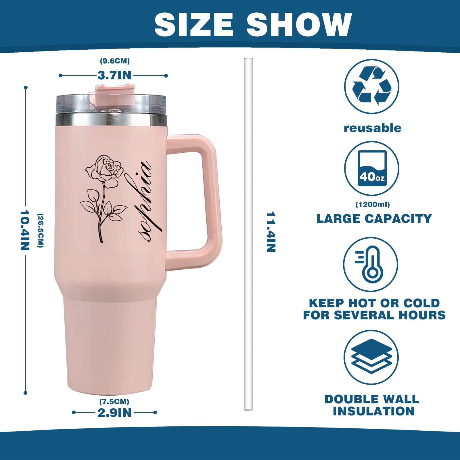 Custom Tumbler Personalized Tumbler with Name Birth Flower 40 Oz Customized Insulated Tumbler Mug Cup with Lid and Straw-Personalized Gifts for Women