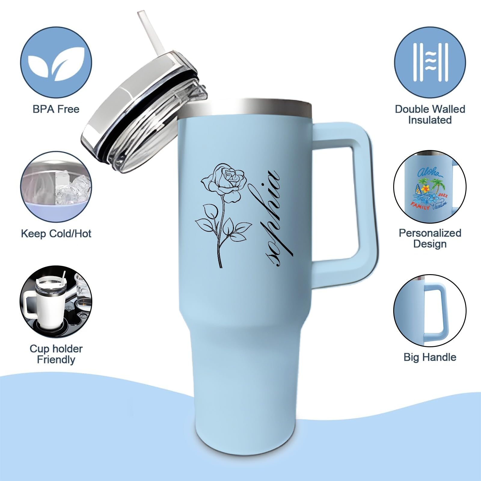 Custom Tumbler Personalized Tumbler with Name Birth Flower 40 Oz Customized Insulated Tumbler Mug Cup with Lid and Straw-Personalized Gifts for Women