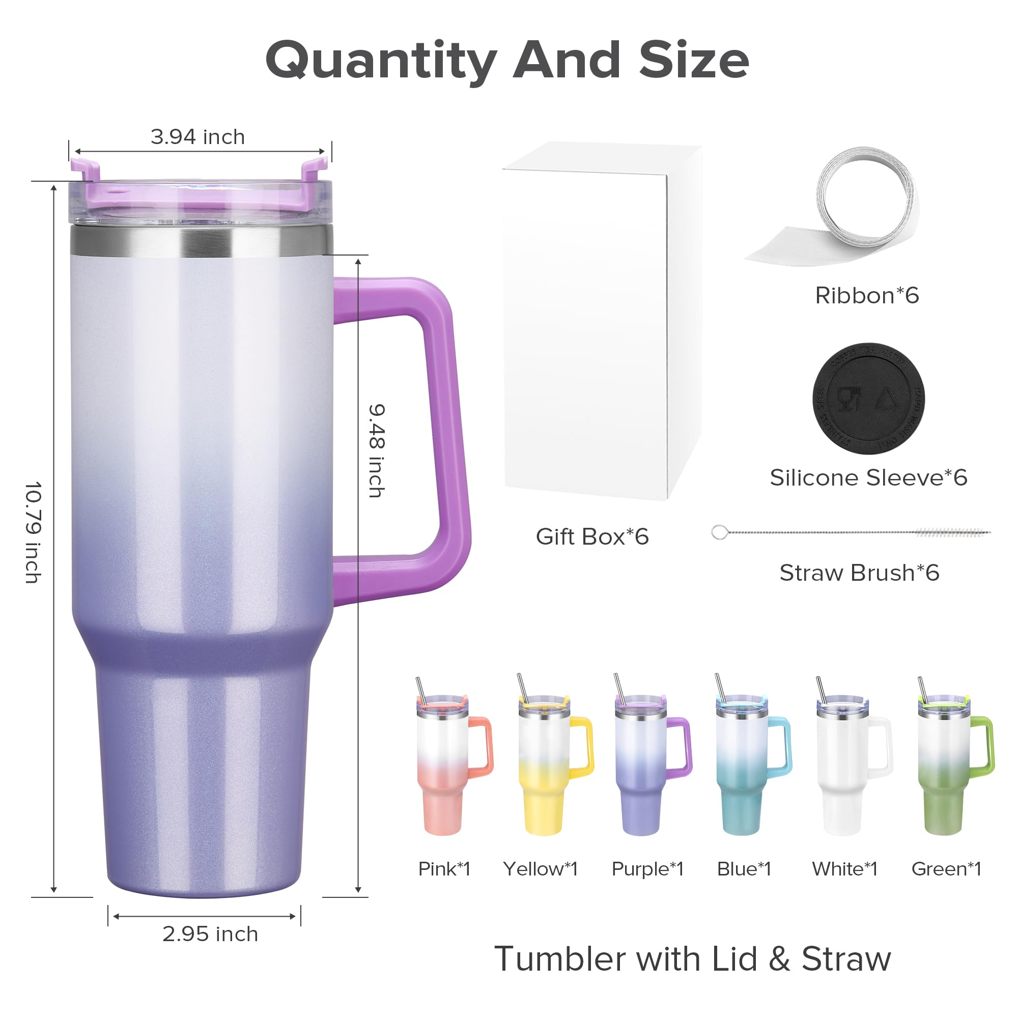 FASTSUB 40 oz Sublimation Tumbler with Handle Lid and Straw Glitter Sparkly Cup Removable Handle Double Wall Vacuum Insulated Travel Mug Personalized Gifts for Tumbler Heat Press Multicolored 6 Pack