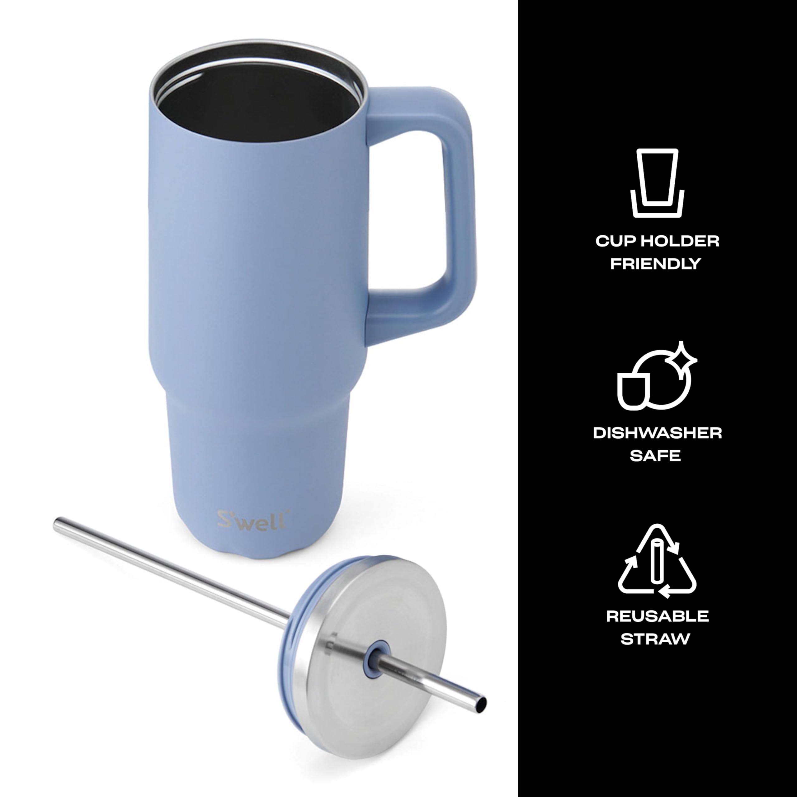 S'well Recycled Stainless Steel Tumbler XL with Straw and Handle, 30oz, Hydrangea Blue, Triple Layered Vacuum Insulated Containers Keeps Drinks Cold for 36 hours and Hot for 9