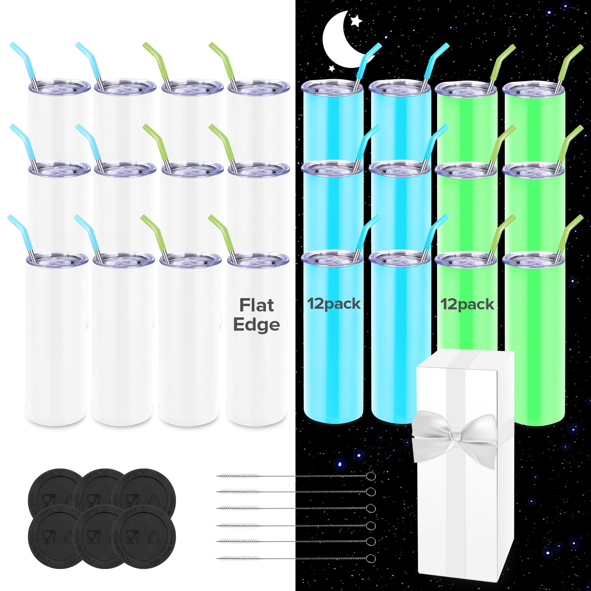 FASTSUB 24 Pack Sublimation Tumblers 20 oz Blank Bulk Luminous Cups Glow in the Dark Straight Double Wall Vacuum Insulated with Lids and Straws for Tumbler Heat Press Glow Green Glow Blue