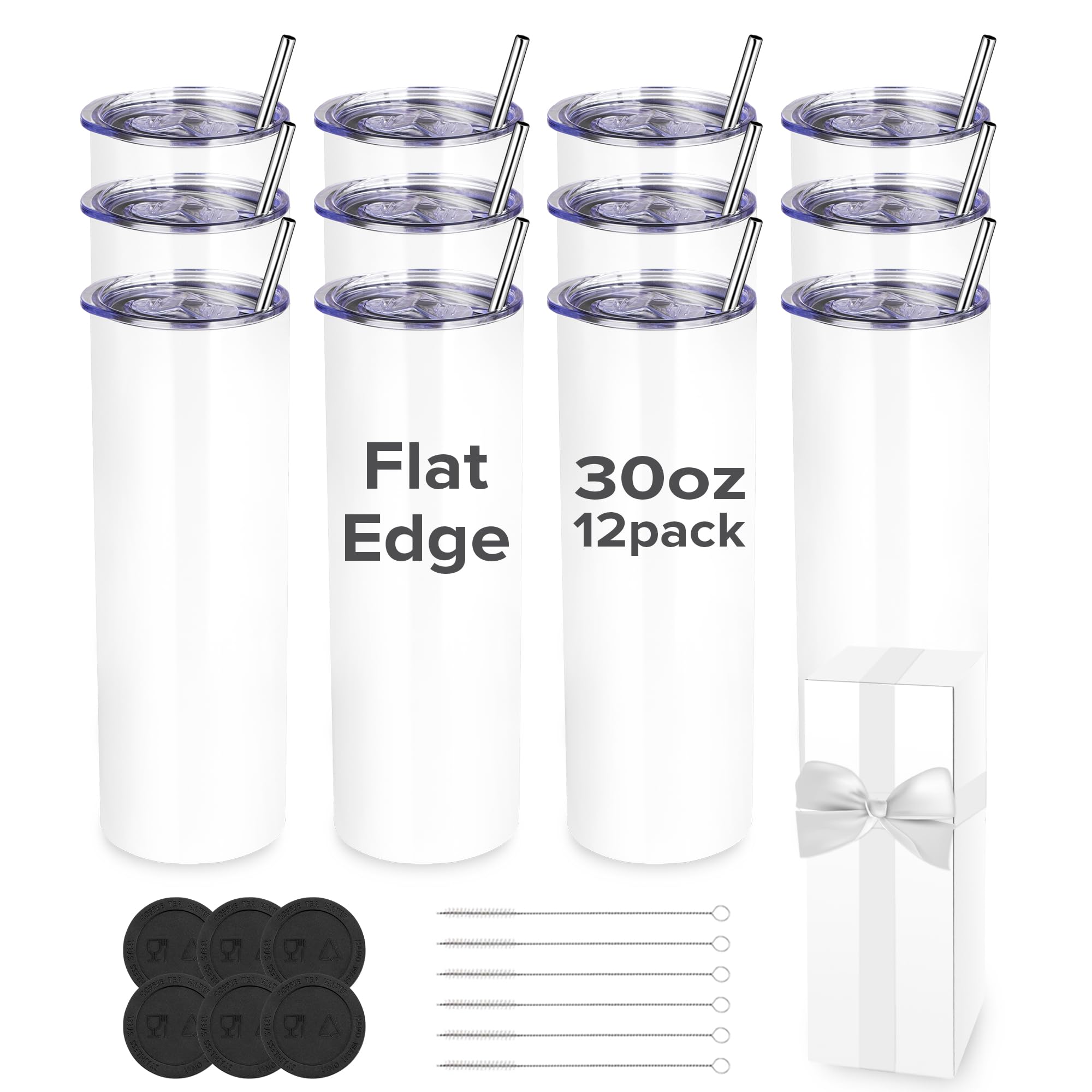 FASTSUB 30 oz Sublimation Tumbler Blank Bulk Cups Straight Skinny Stainless Steel Double Wall Vacuum Insulated with Lids and Straws Brush Silicone Coaster Ribbon for Tumbler Heat Press White 12 Pack