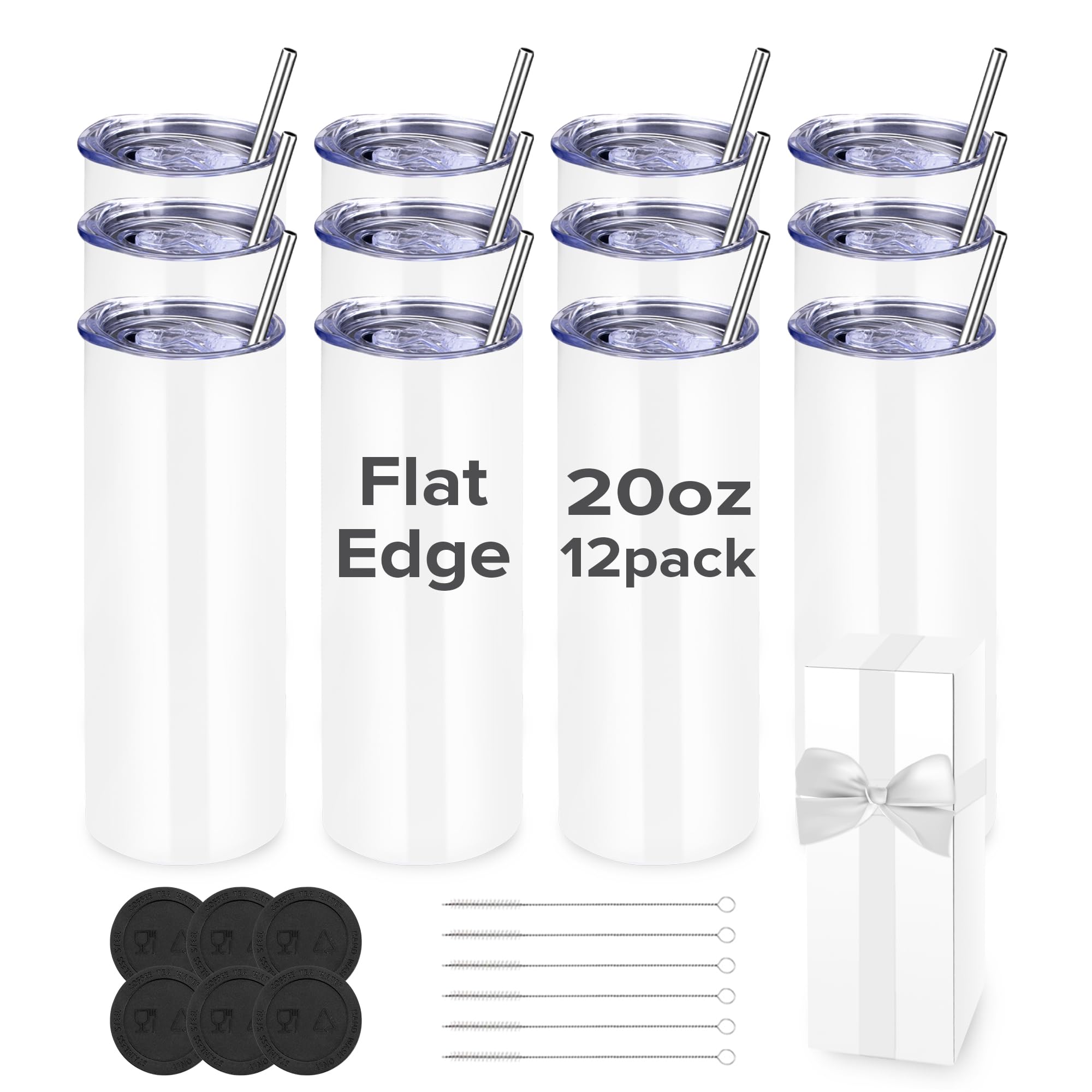 FASTSUB Sublimation Tumblers 20 oz Blank Bulk Cups Straight Skinny Stainless Steel Double Wall Vacuum Insulated with Lids and Straws for Tumbler Heat Press White 12 Pack