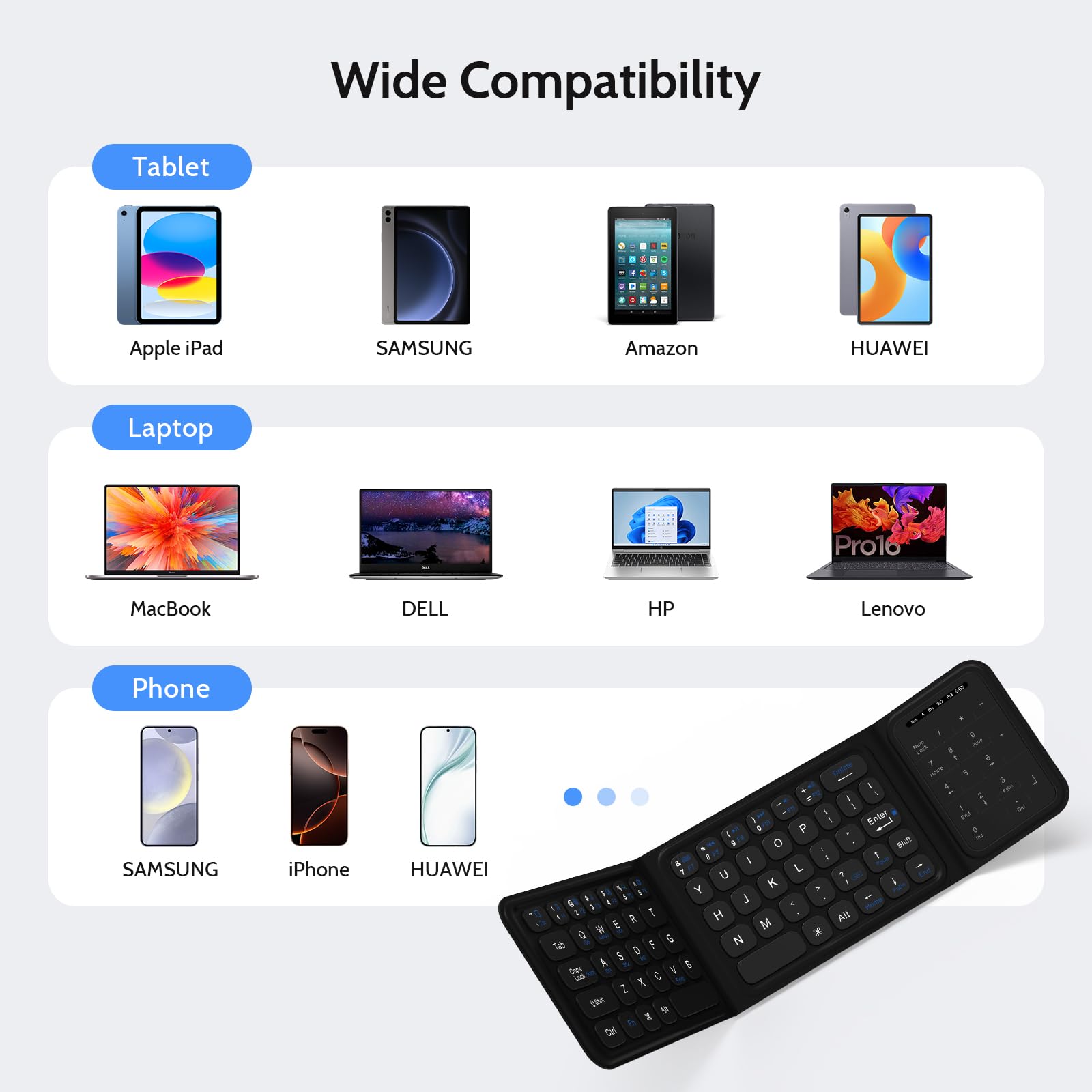 LAMA Foldable Bluetooth Keyboard, Folding Wireless Keyboard with Trackpad and Numeric Keypad, Portable Keyboards for iPad Tablet Smartphone Laptop PC Android Windows iOS, Support 3 Device