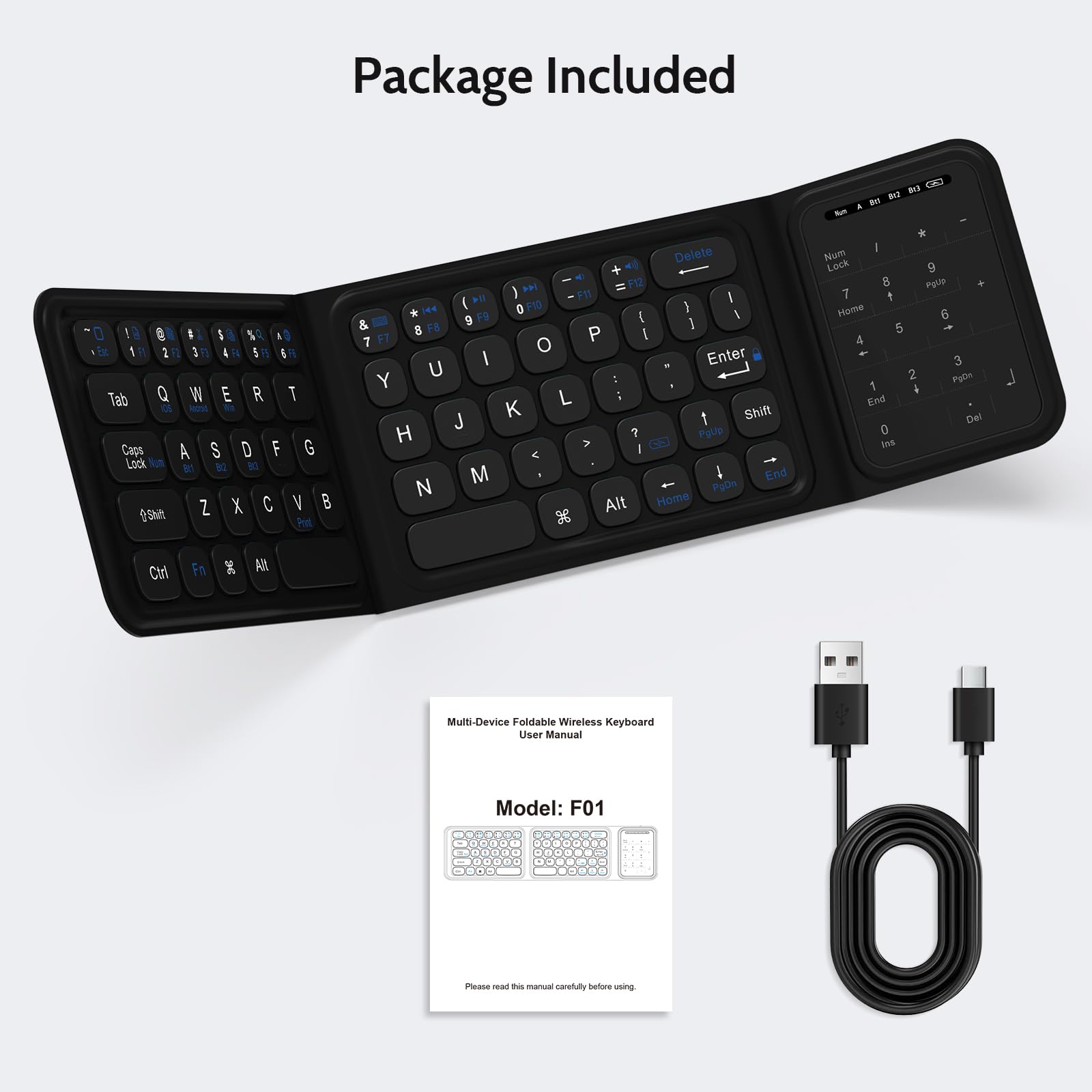 LAMA Foldable Bluetooth Keyboard, Folding Wireless Keyboard with Trackpad and Numeric Keypad, Portable Keyboards for iPad Tablet Smartphone Laptop PC Android Windows iOS, Support 3 Device