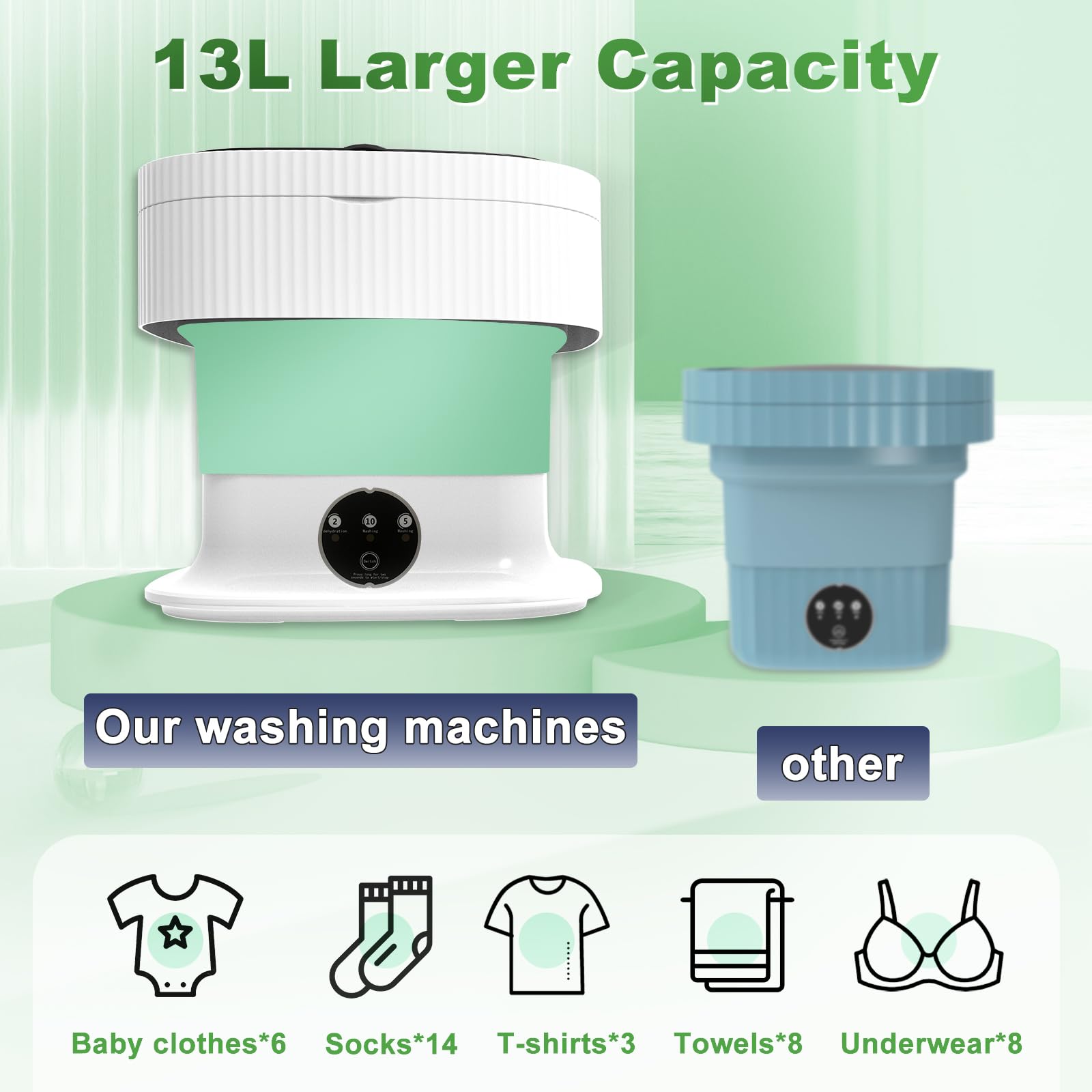 15L Mini Portable Washing Machine, Foldable Washer with Spin Dryer, Small Collapsible lavadora Portatil, Compact Luandry Washer for Underwear, Socks, Travel, Camping, Dorm, Apartments, Green