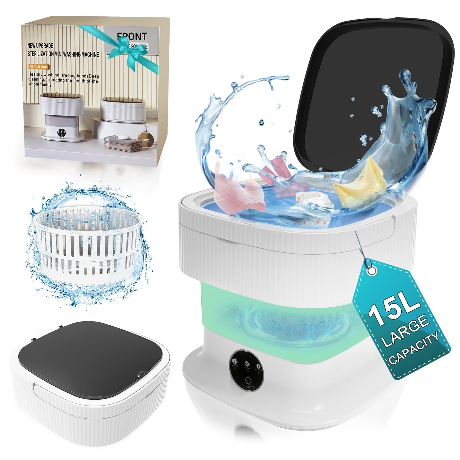 15L Mini Portable Washing Machine, Foldable Washer with Spin Dryer, Small Collapsible lavadora Portatil, Compact Luandry Washer for Underwear, Socks, Travel, Camping, Dorm, Apartments, Green
