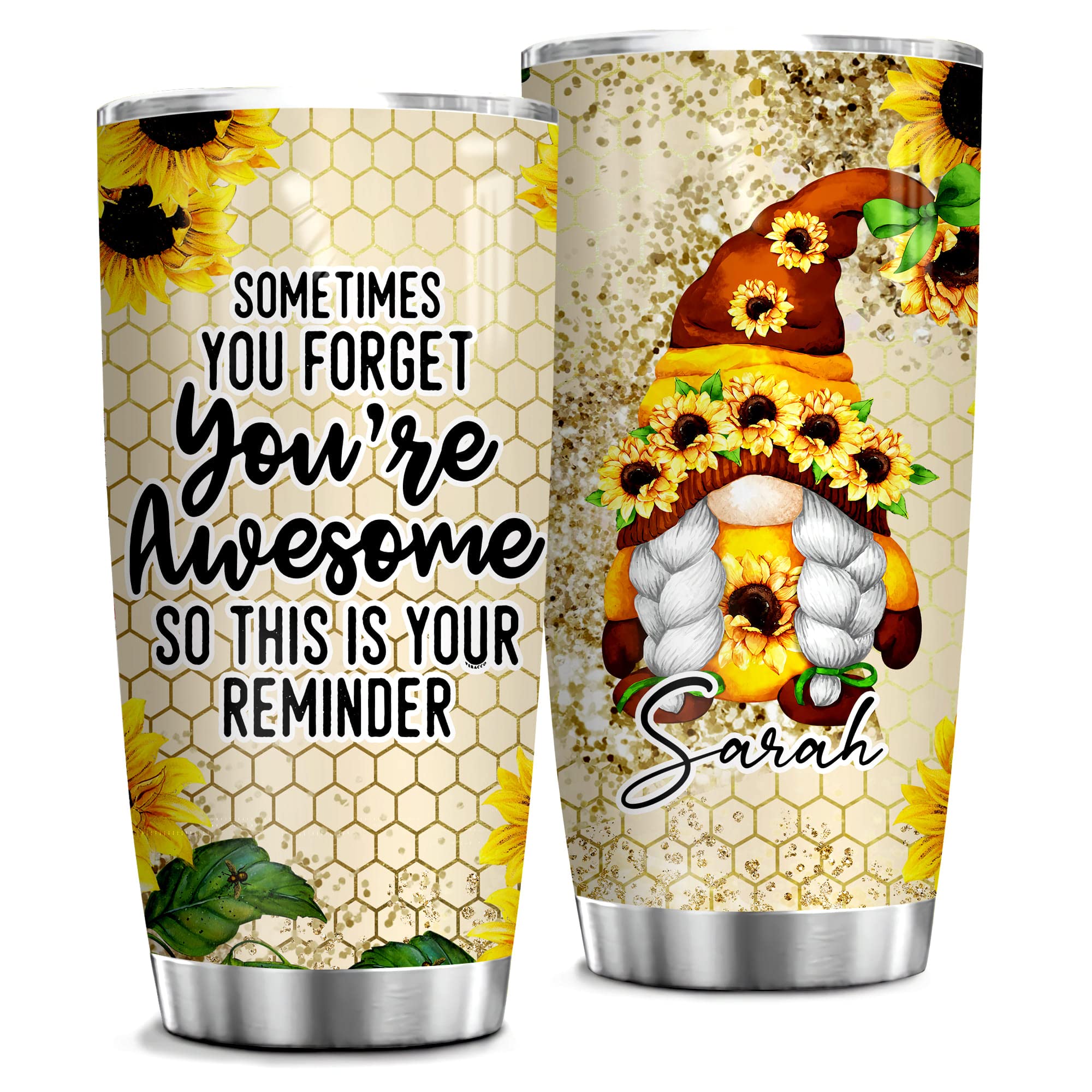 MDPrints Bee Gnome Tumbler, 20oz Stainless Steel Coffee Mug, Gifts for Women and Coffee Lovers (Custom Name Bee TM397)