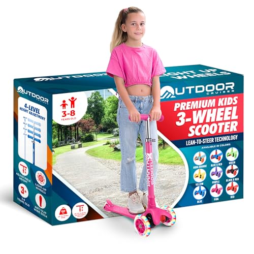 Outdoor Cruiser 3-Wheel Kids Scooter – with Lean-to-Steer Technology, Wide Deck, Led Lighted Wheel, 4-Level Adjustable Height T-bar Handle, Support Kids Up to 150 Lbs, for Boys & Girls Ages 3-8, Pink
