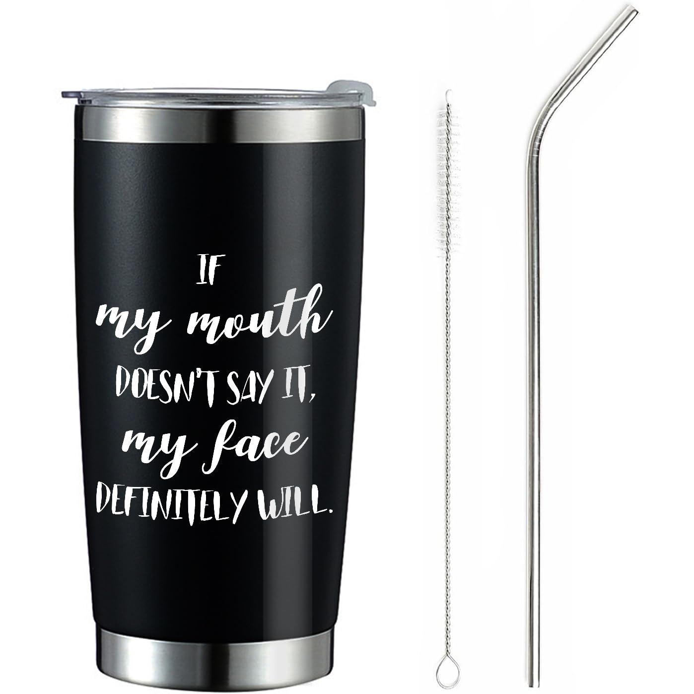 Xildew If My Mouth Doesn't Say It My Face Definitely Will Gag Gift for Her Him Birthday Present for Coworker Friend Boss Office Humor Christmas Gift Sarcasm Funny Stainless Steel Tumbler 20 oz Black
