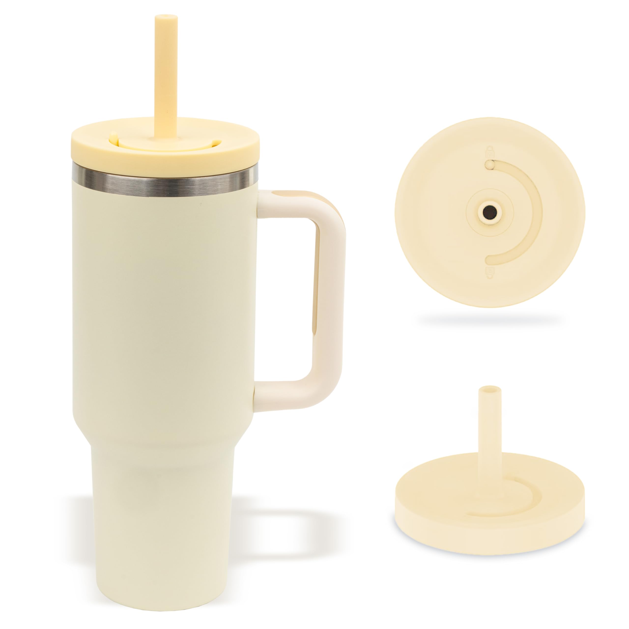 C&Y Company Tumbler With Straw and Handle 40oz, 40oz Tumbler With Silicone Straw, Leakproof Lid, Spill Proof Lid, Insulation Double Wall Stainless Steel Tumbler With Handle (Cream Lemon)